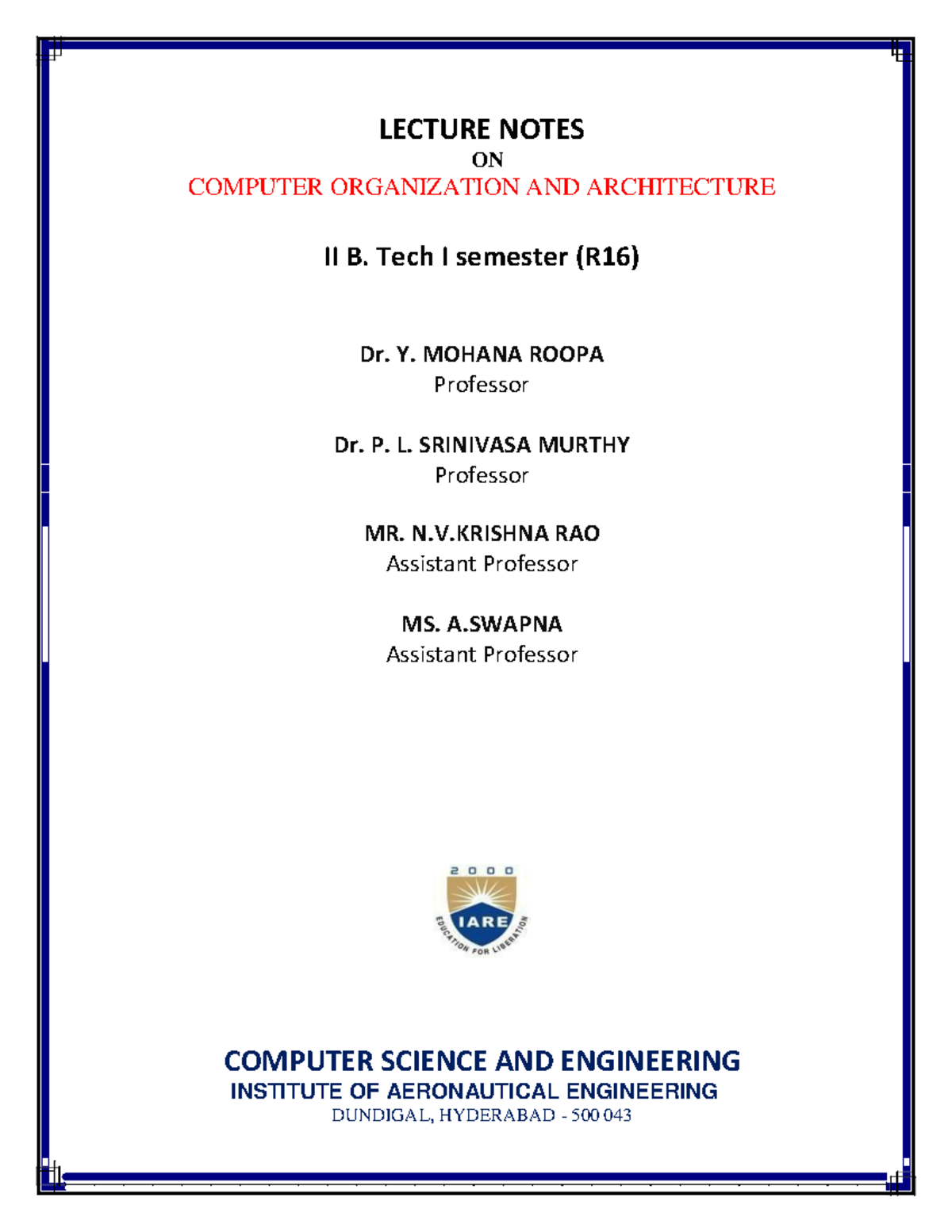 Coa Lecture Notes On The Basis Of Current Syllabus Lecture Notes On Computer Organization