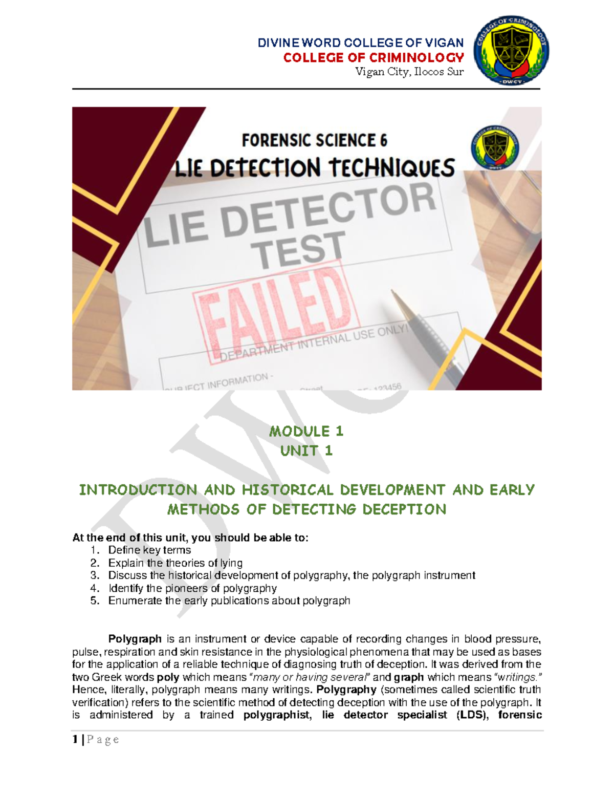 Lie Detection Techniques Notes - COLLEGE OF CRIMINOLOGY Vigan City ...