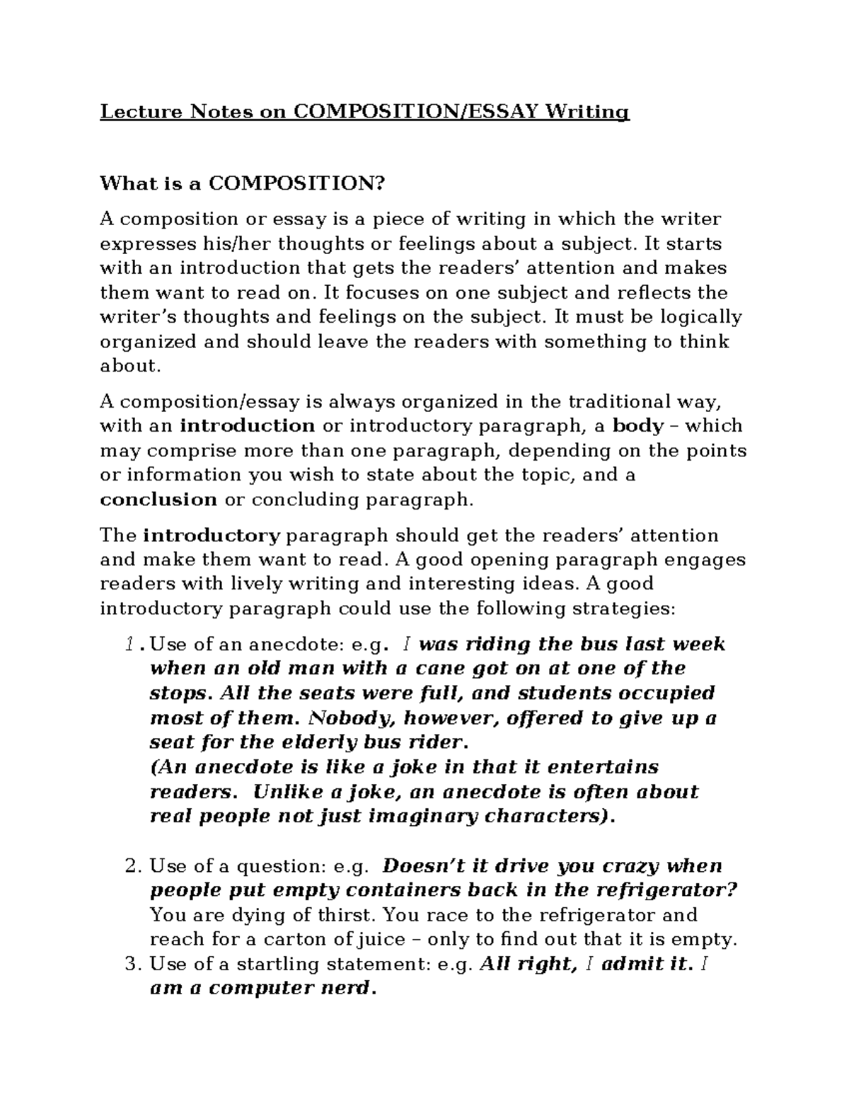 Lecture Notes on Composition Essay Writing - Lecture Notes on ...