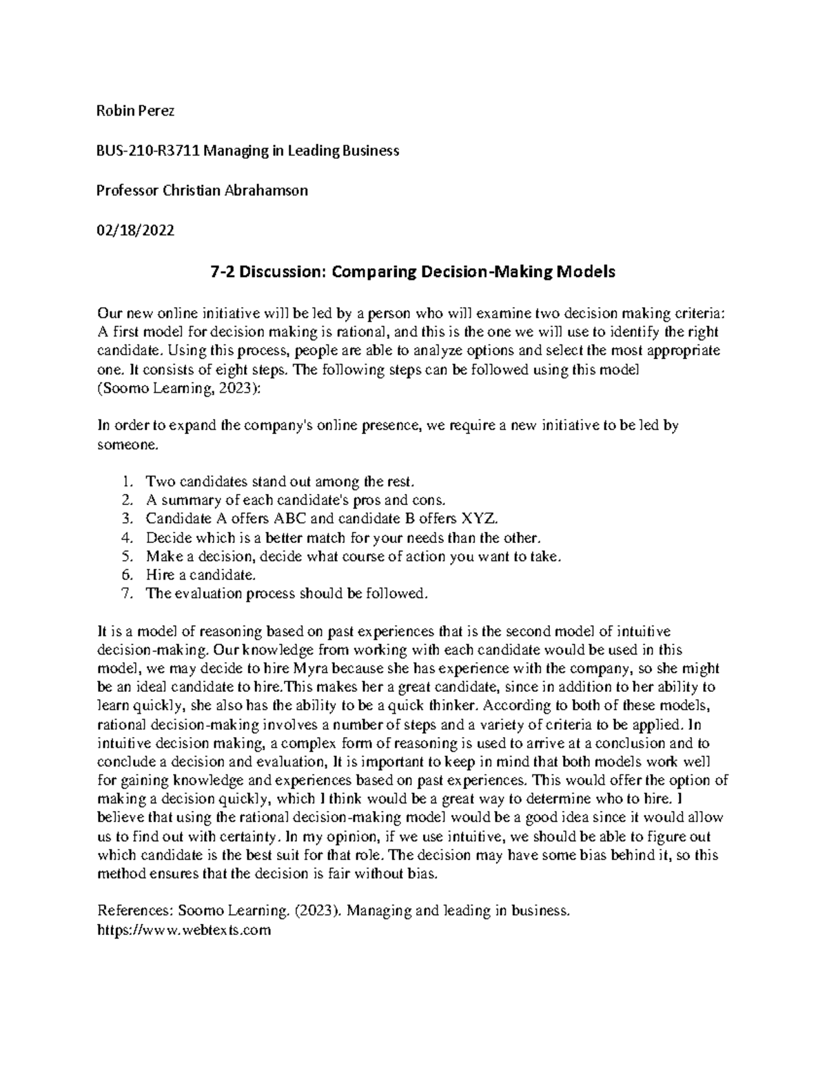 7-2 Discussion Comparing Decision Making Models - Robin Perez BUS-210 ...