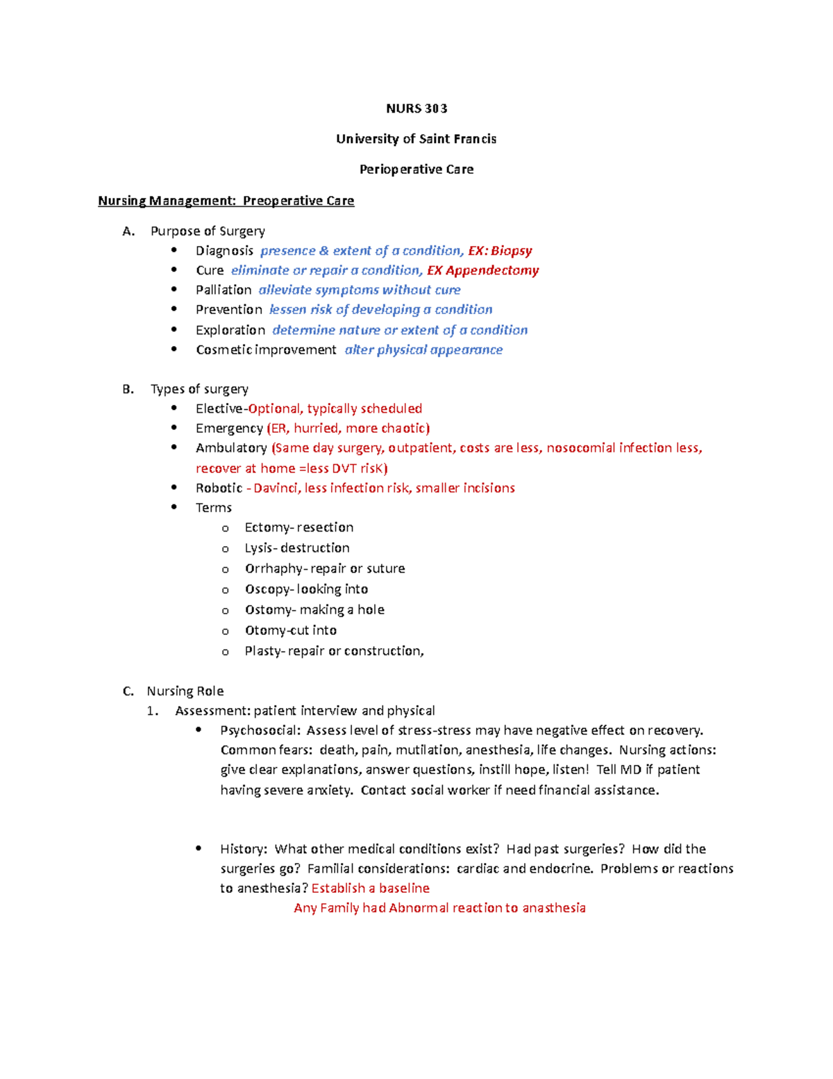 Peri Operative Lecture - NURS 303 University of Saint Francis ...