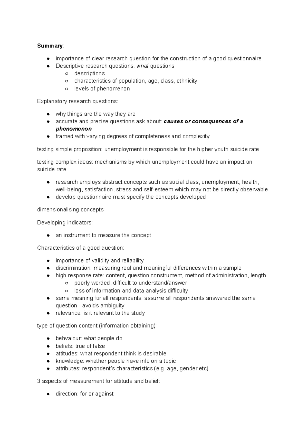 De Vaus (1999) - Questionnaires Summary - Summary: importance of clear research question for the ...