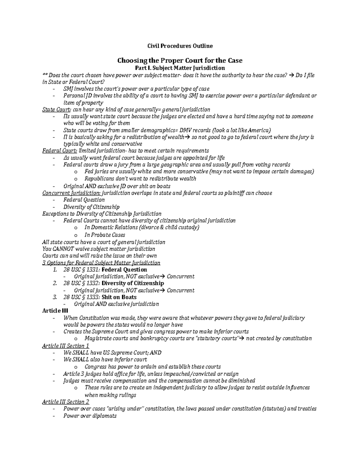 Civ Pro Outline 54pg - Civil Procedures Outline Choosing the Proper ...