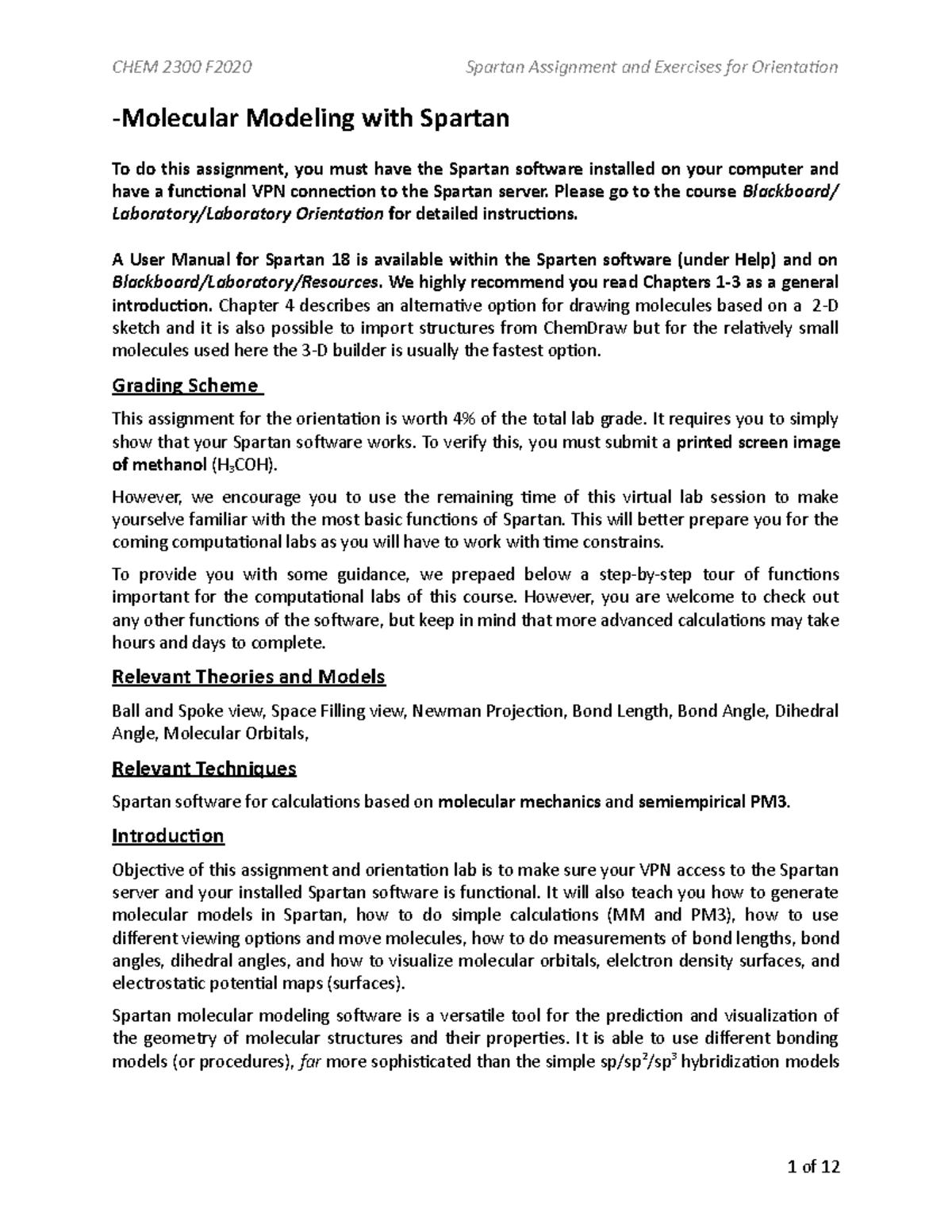 Computational Assignment for Orientation -Molecular Modeling with ...