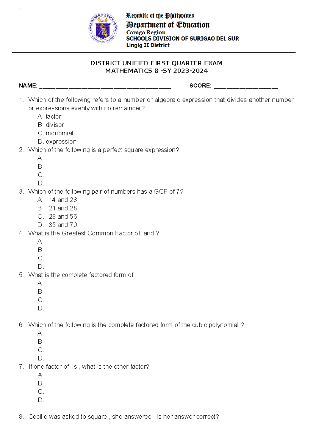 Math 8 First Quarter Exam sy2023-2024 - DISTRICT UNIFIED FIRST QUARTER ...