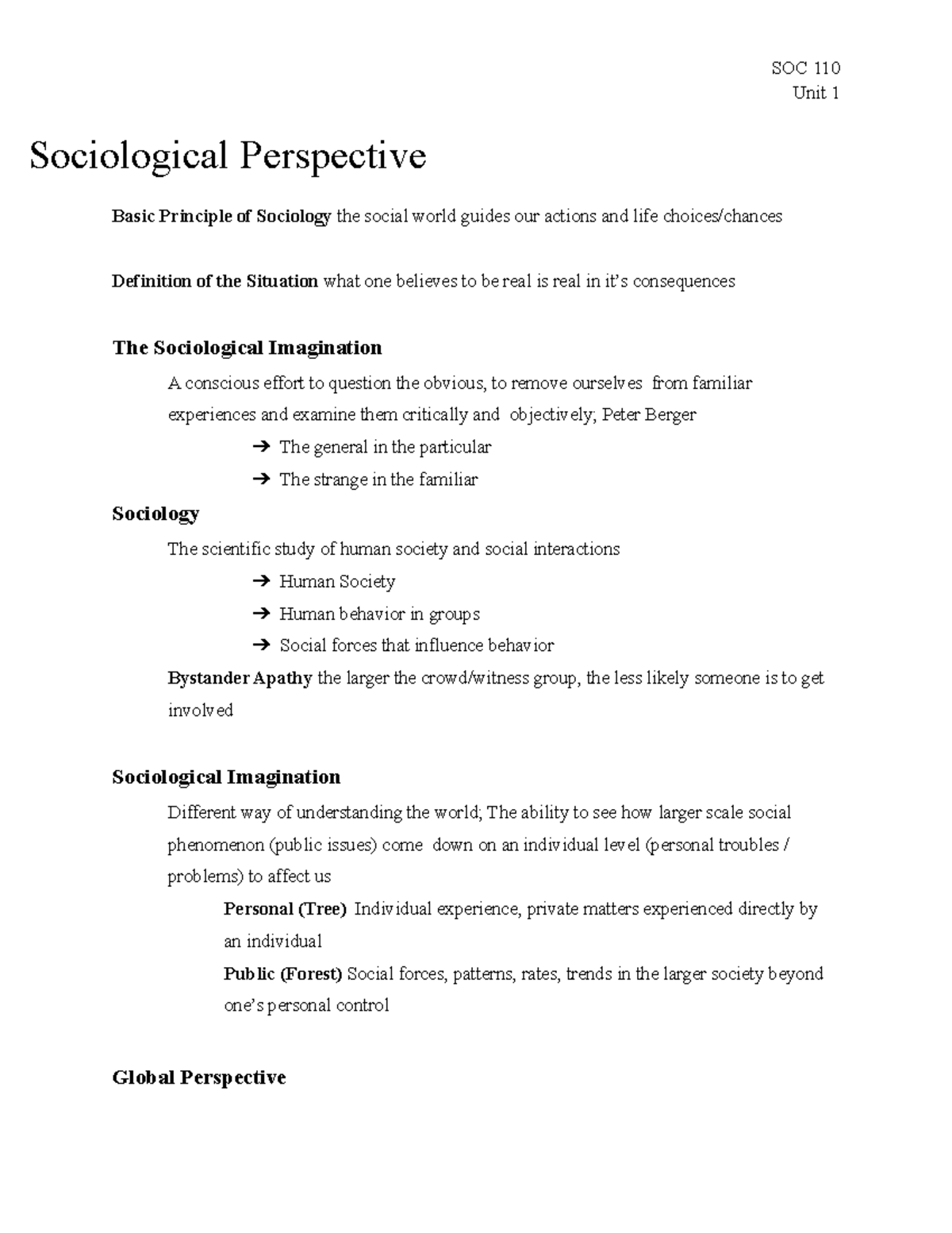 Unit 1 All Chapters - SOC 110 Unit 1 Sociological Perspective Basic ...