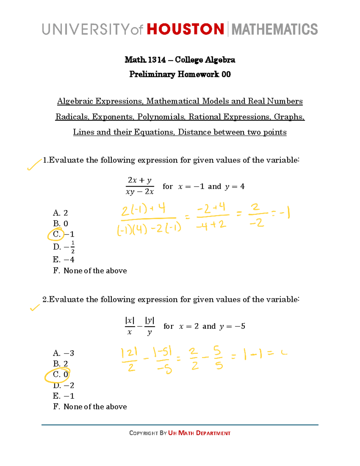 Homework 00 - Math – College Algebra Preliminary Homework 00 Algebraic ...