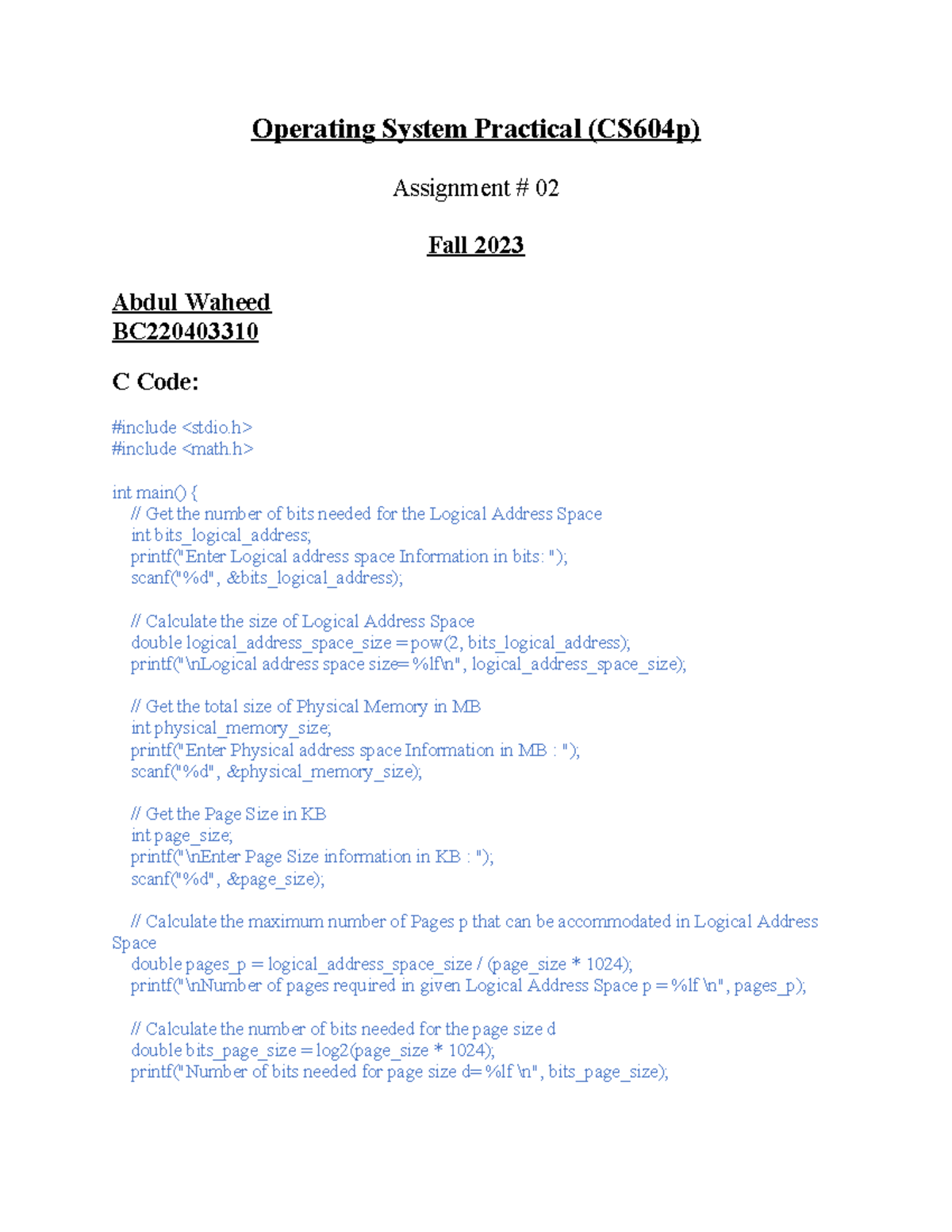 BC220403310 CS604P 2 - Operating System Practical (CS604p) Assignment # 02 Fall 2023 Abdul ...