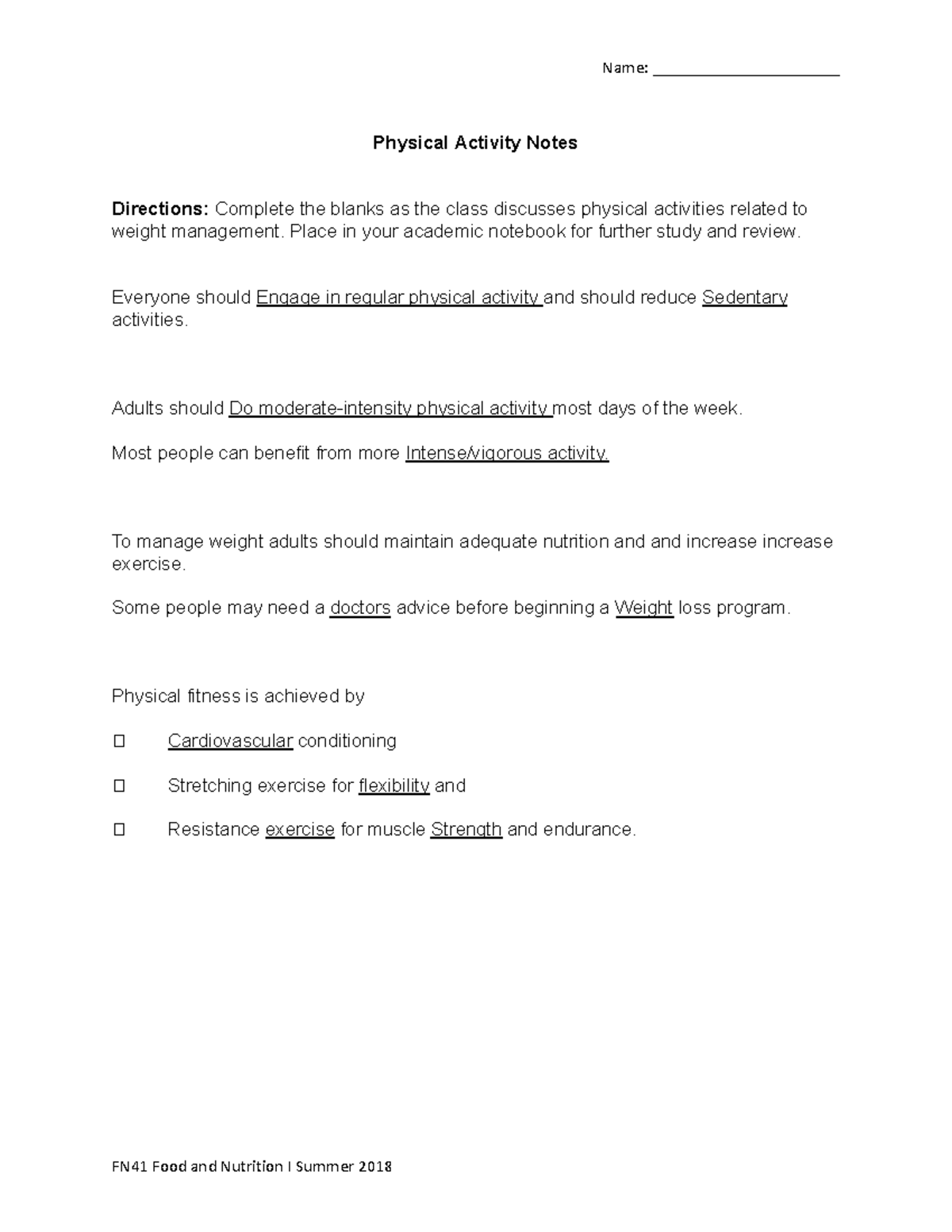 Copy of Physical Activity Notes - Name: ______________________ Physical ...