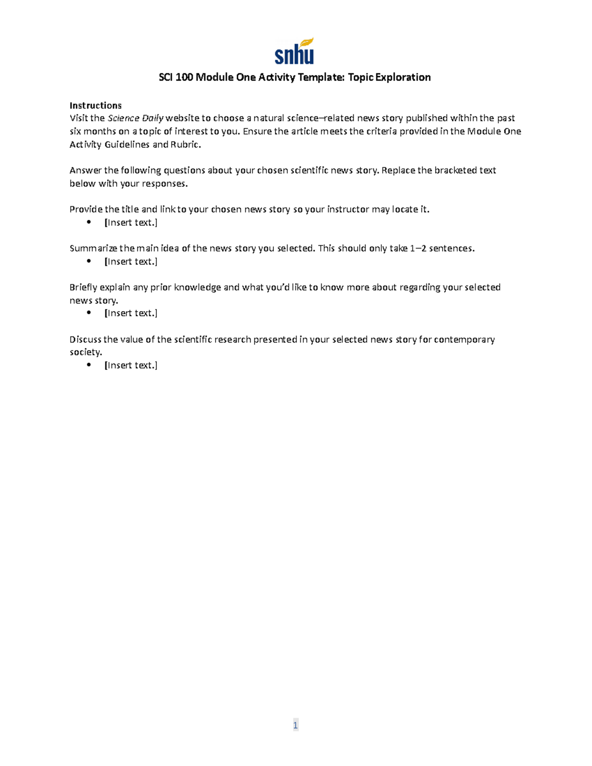 SCI 100 Module One Activity Template - Ensure the article meets the ...
