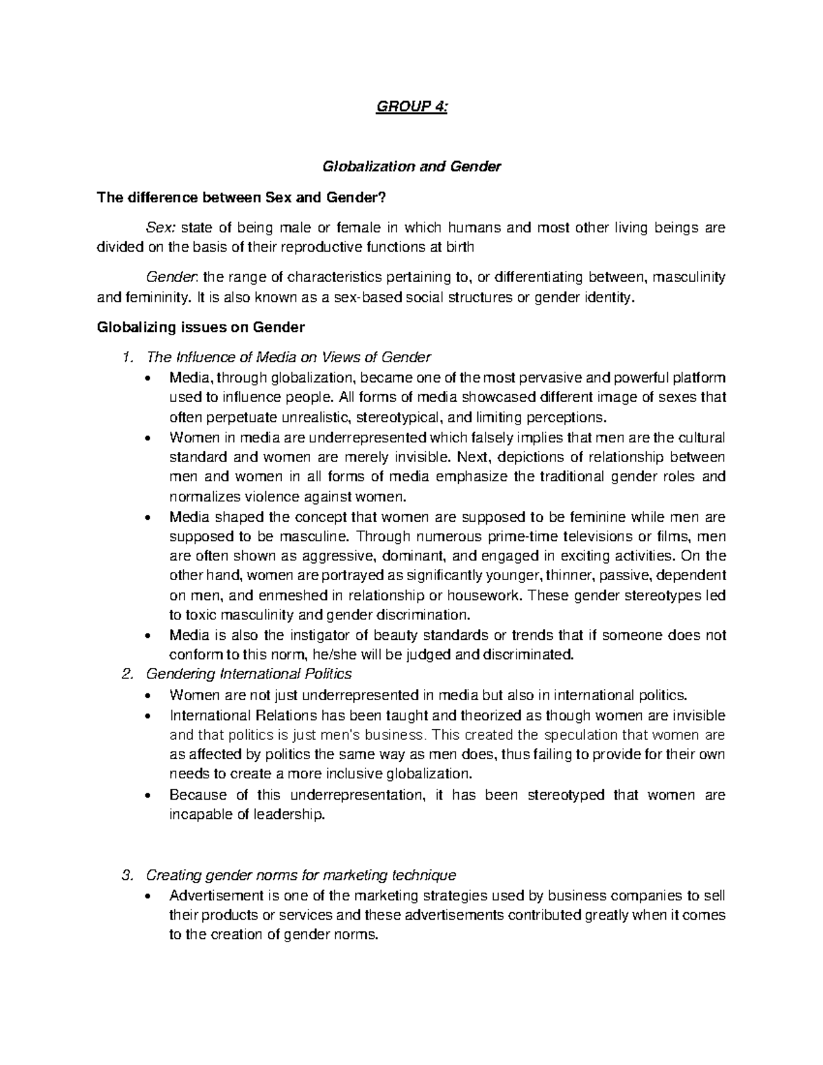 Globalization And Gender Group 4 Globalization And Gender The Difference Between Sex And
