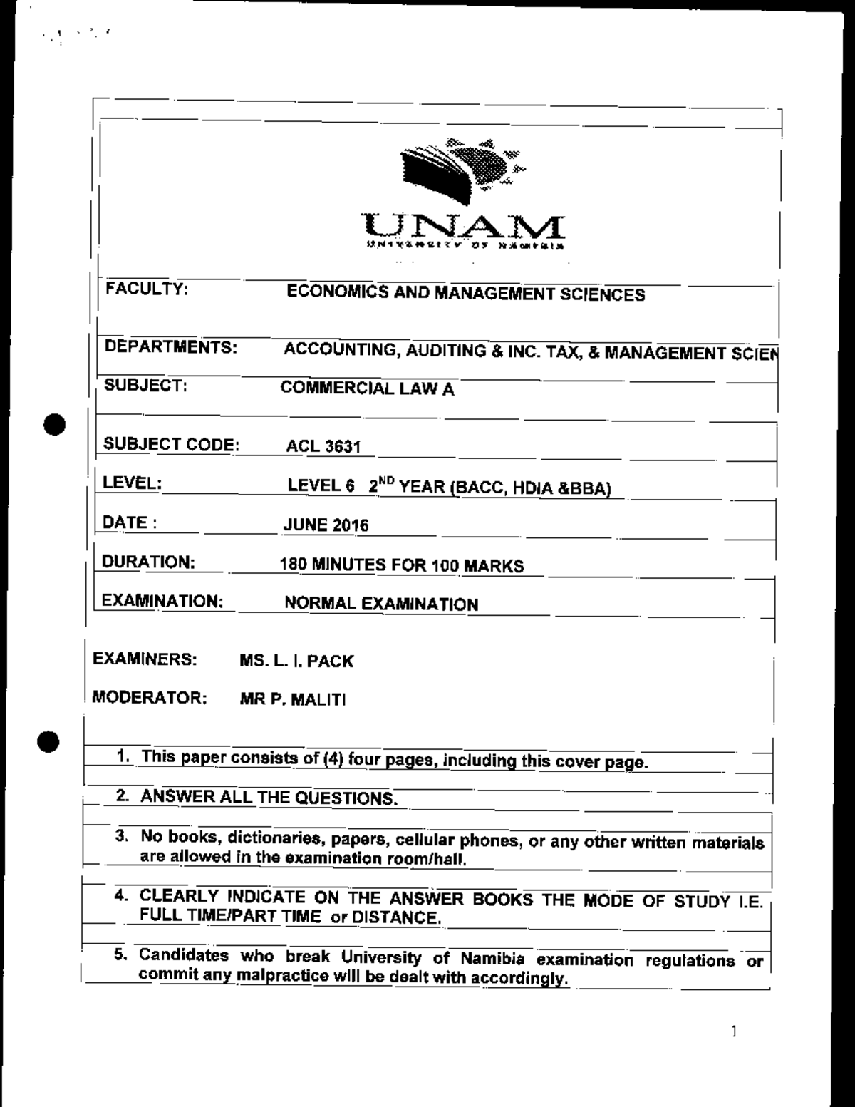 Acl3631 2016 06 nor - exam paper - o o EXAMINERS: MODERATOR: MS. L. I ...