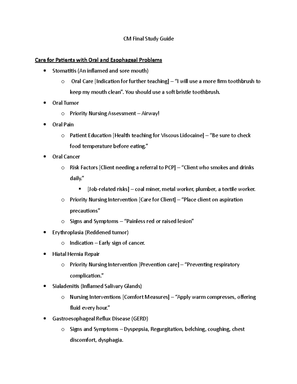 CM Final Study Guide - CM Final Study Guide Care for Patients with Oral ...