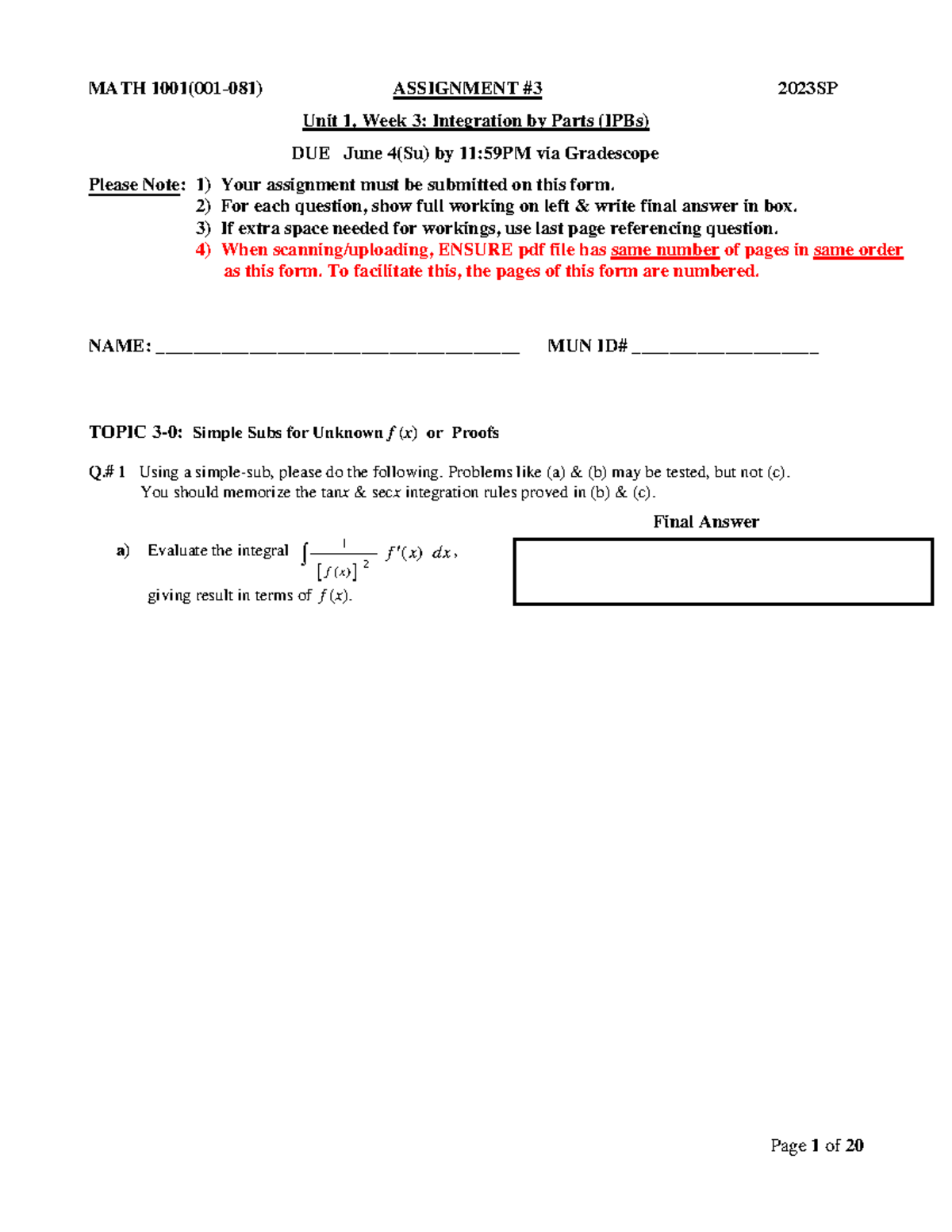 M1001 A3 Written - calc 2 assignment 3 - MATH 1001(001-081) ASSIGNMENT ...