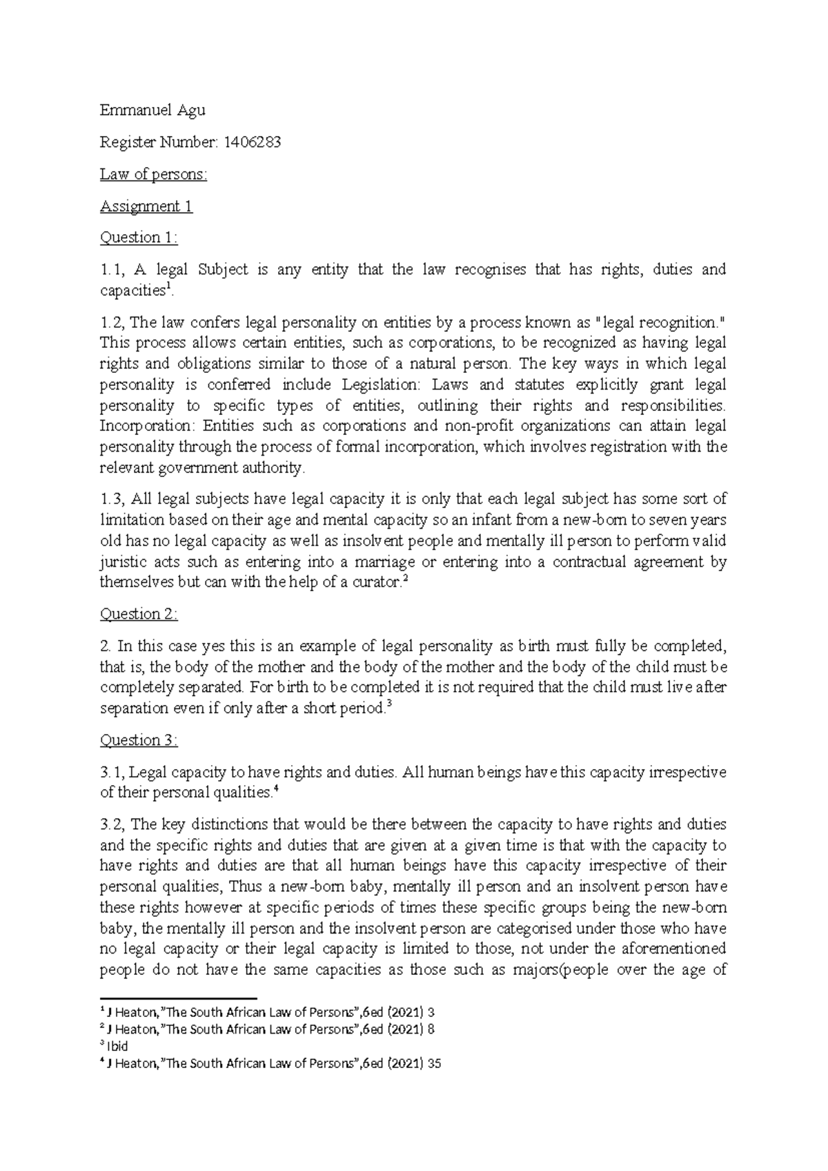 Assignment 1 Law of persons - Emmanuel Agu Register Number: 1406283 Law ...