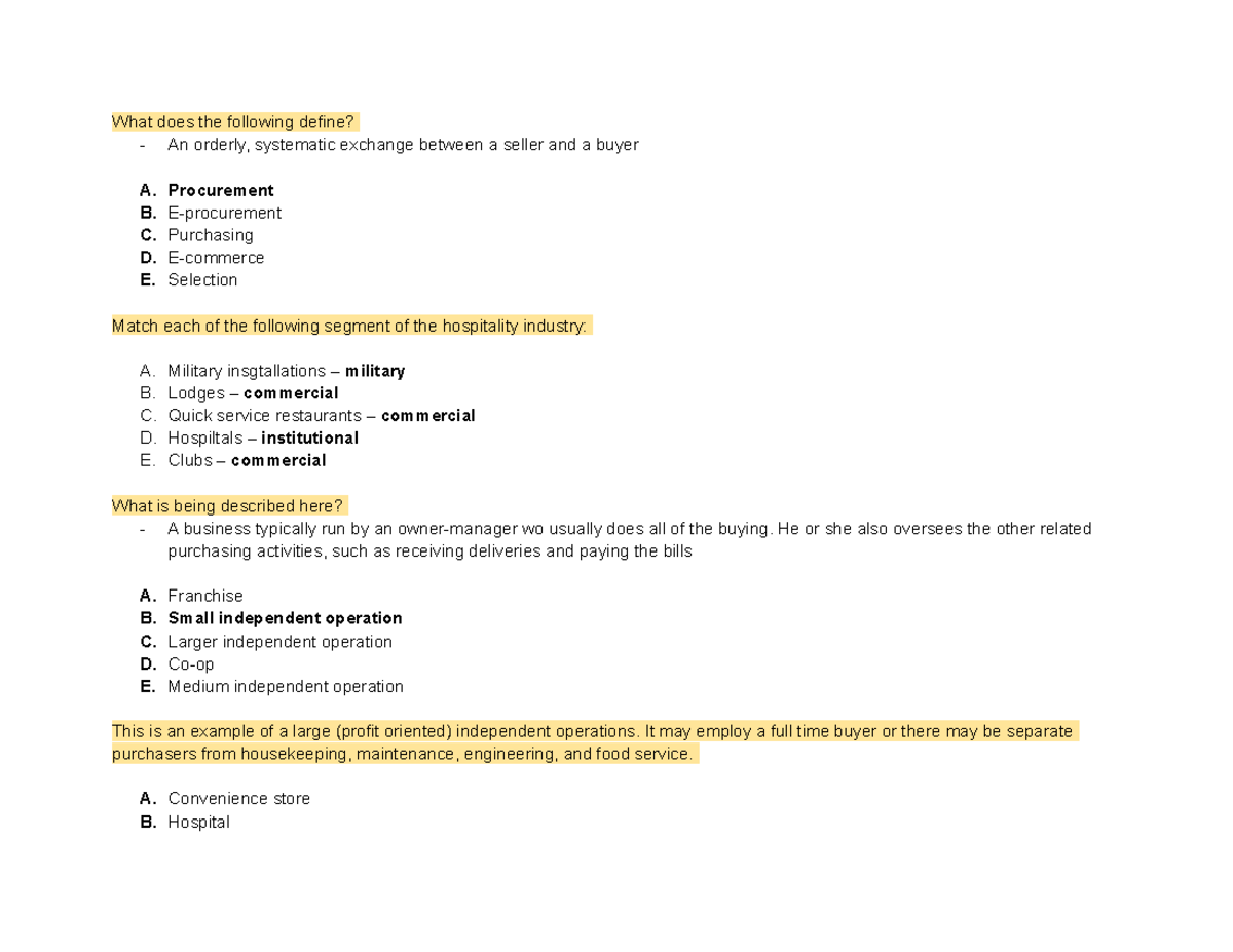 Purchasing study guide chapter 1 - What does the following define? - An ...