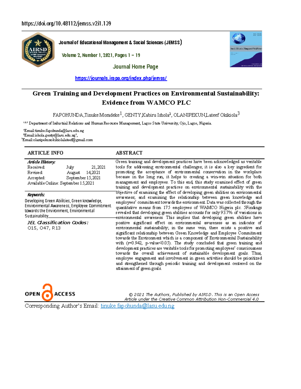 Jemss Vol 2-1 Green Training and Development - doi/10.48112/jemss.v2i1 ...