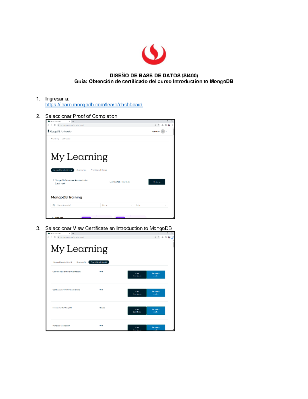 Upc-pre-si400-mongodb-university-proof-of-completion-guide v1 - Diseño de base de datos - Studocu