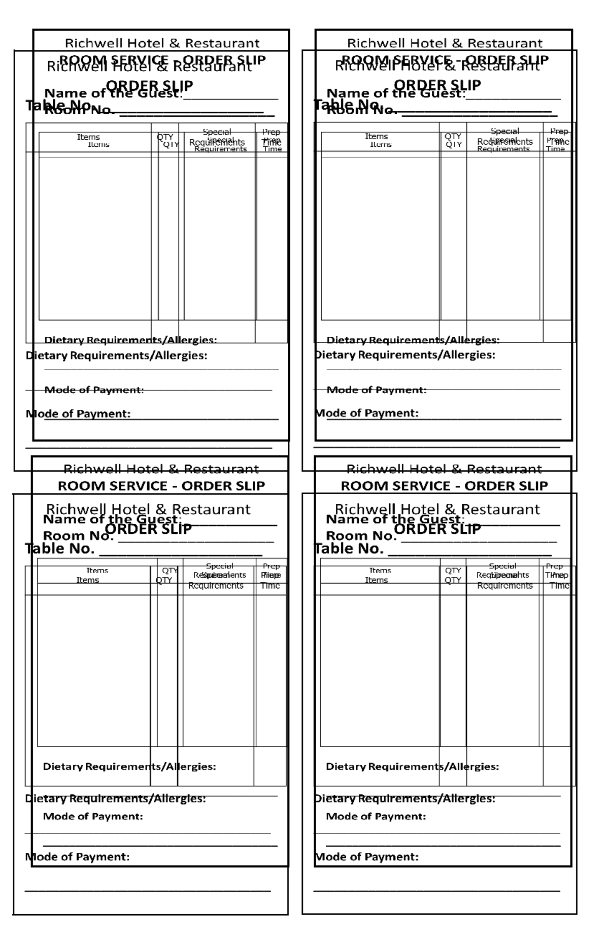 Order Slip Room Service - Richwell Hotel Restaurant Richwell Hotel ...