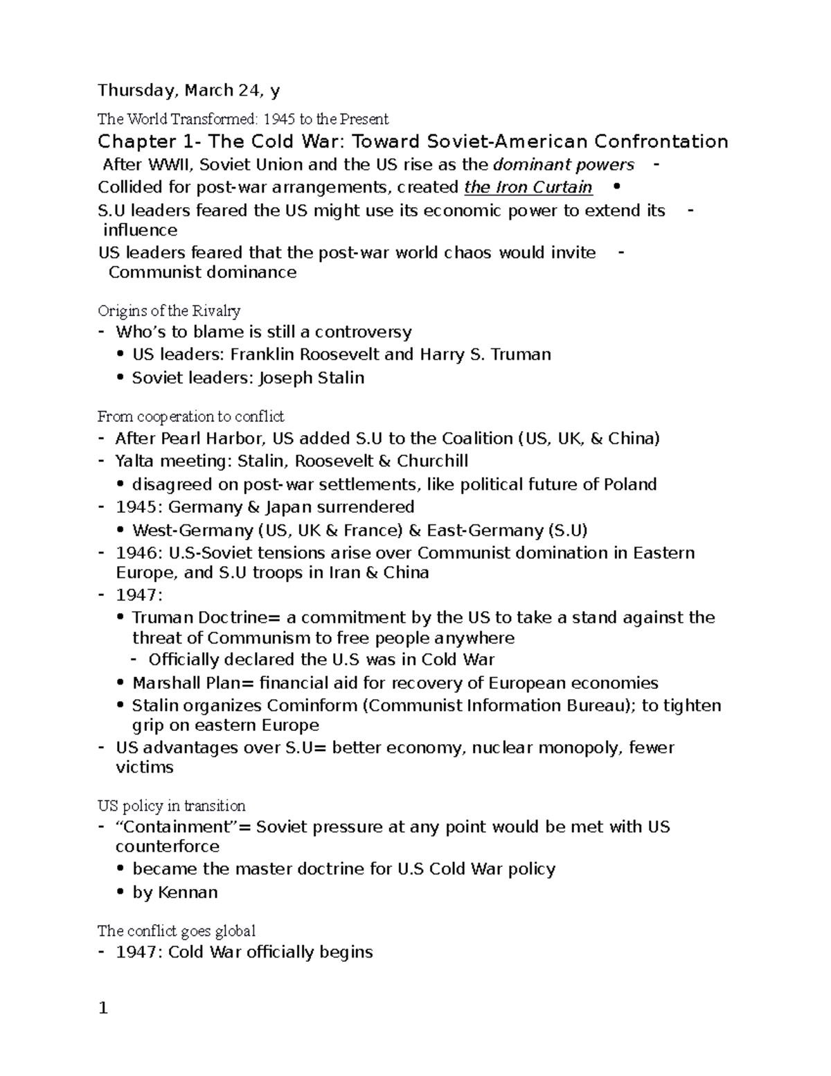 HIST Ch. Notes - Friday, February 4, y The World Transformed: 1945 to ...