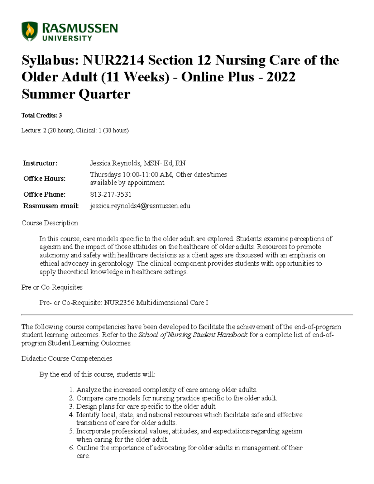 Syllabus Older Adult - Syllabus: NUR2214 Section 12 Nursing Care of the ...