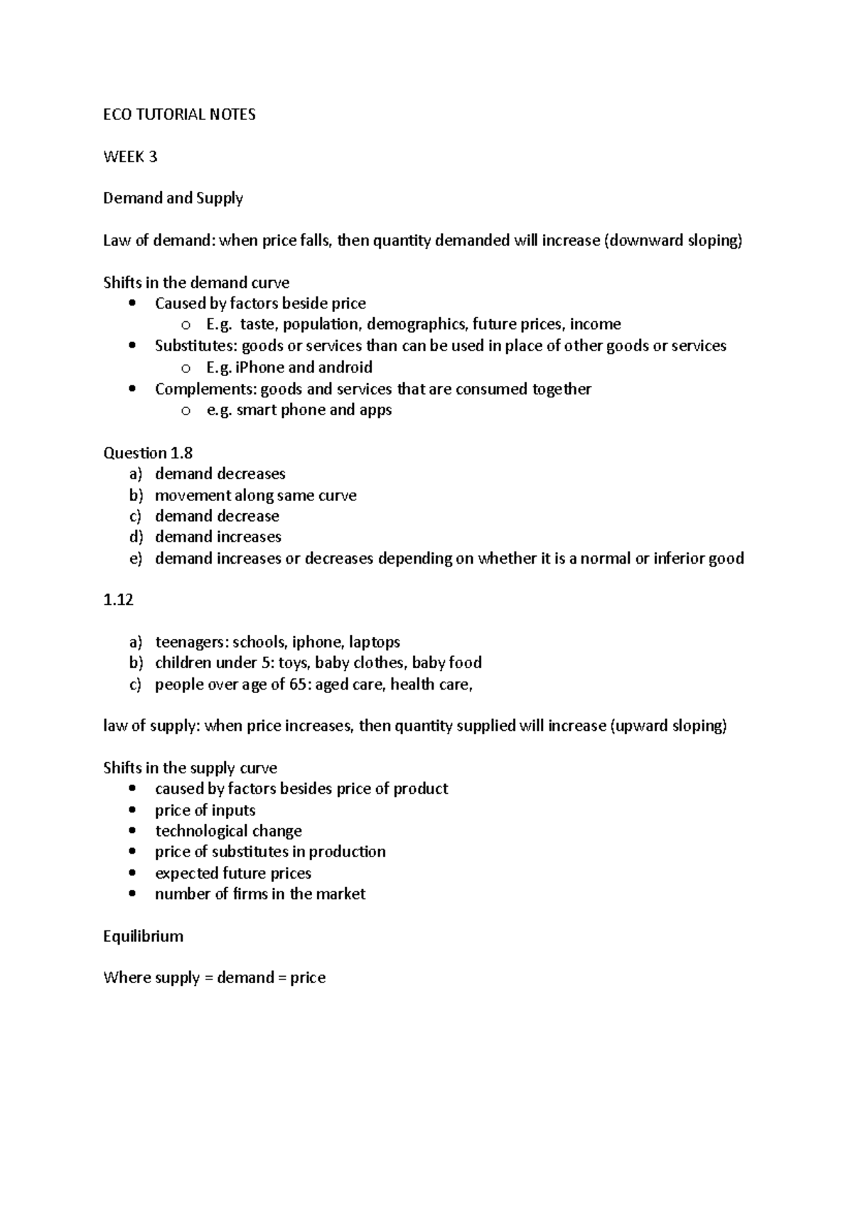 ECO Tutorial Notes - ECO TUTORIAL NOTES WEEK 3 Demand and Supply Law of ...