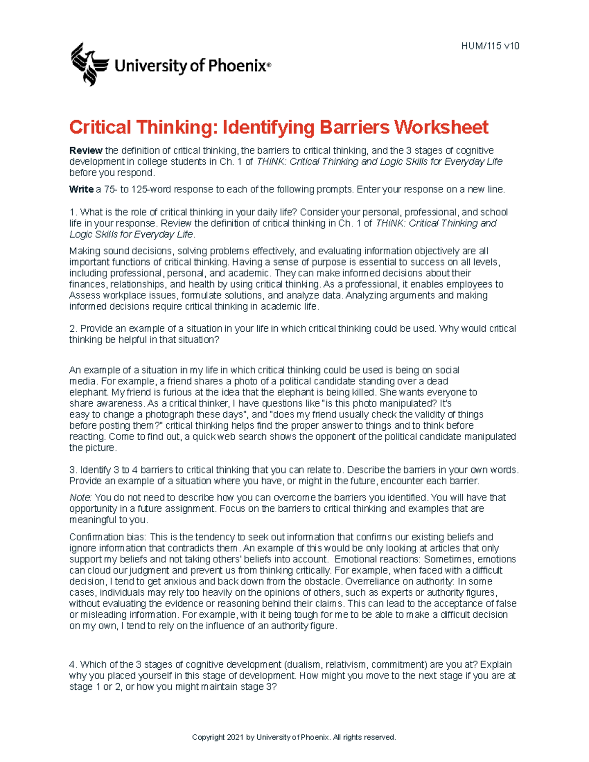 Hum115 v10 wk1 critical thinking identifying barriers worksheet - HUM ...