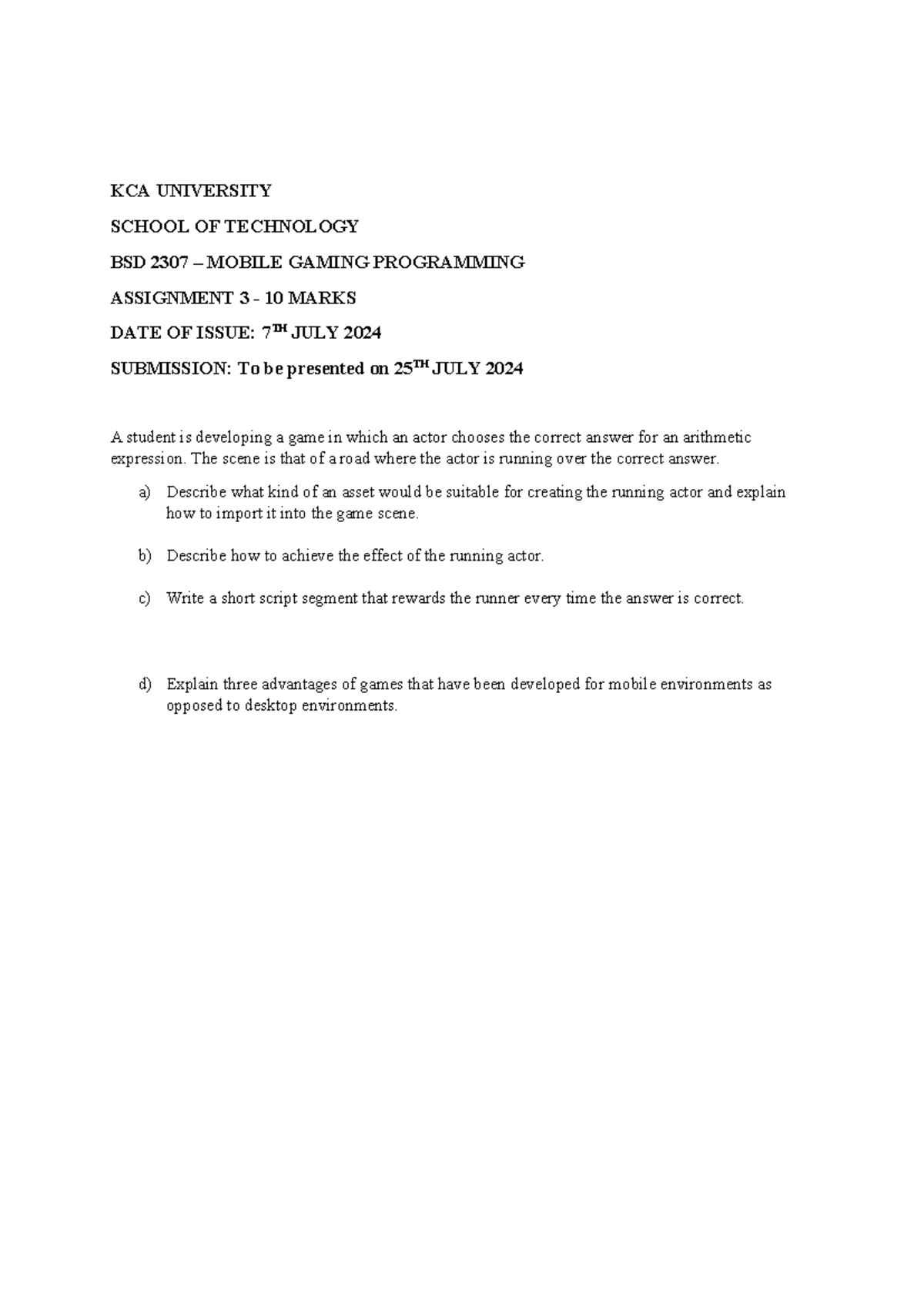 Assignment 3 - javafx - KCA UNIVERSITY SCHOOL OF TECHNOLOGY BSD 2307 – MOBILE GAMING PROGRAMMING ...