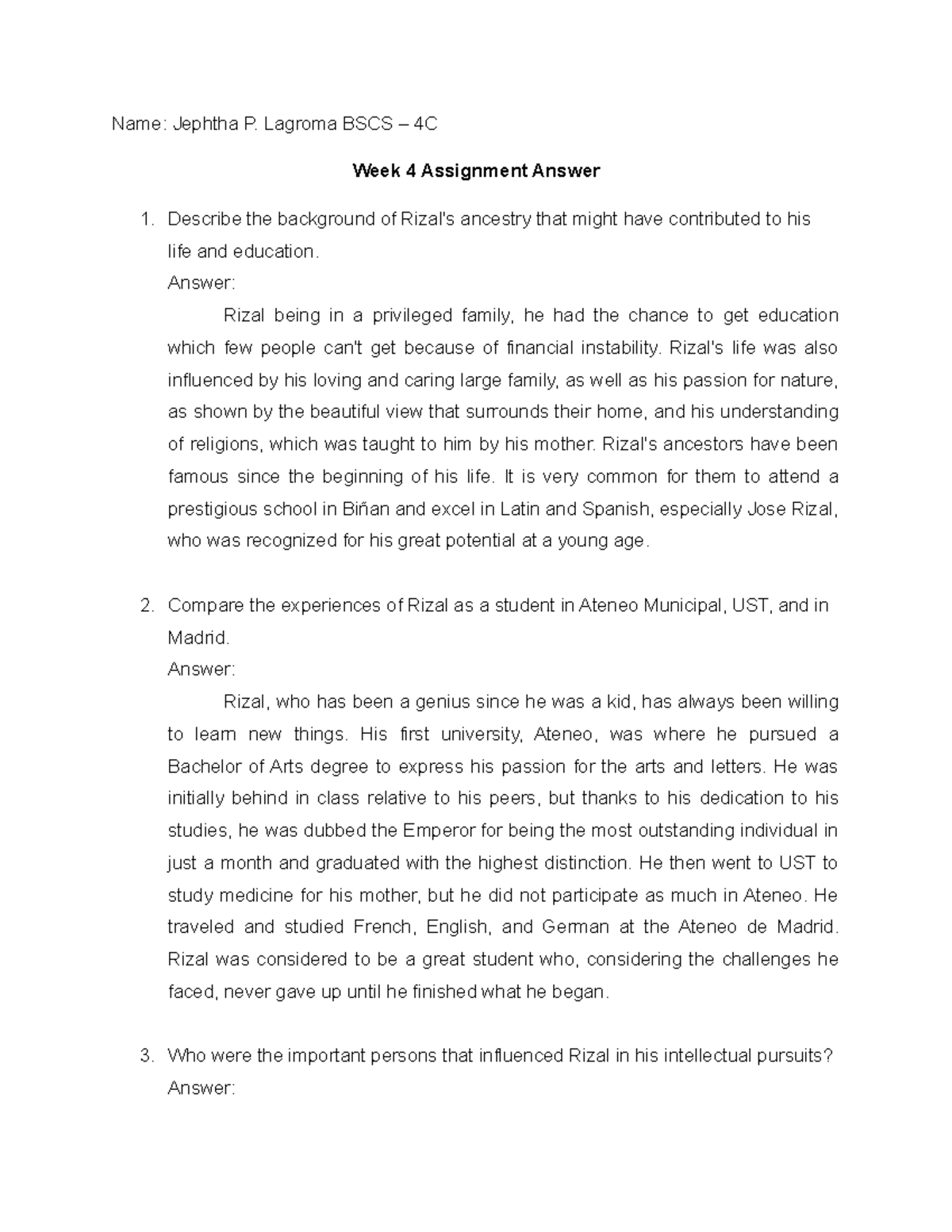 Week 4 Assignment Answers - Name: Jephtha P. Lagroma BSCS – 4C Week 4 ...