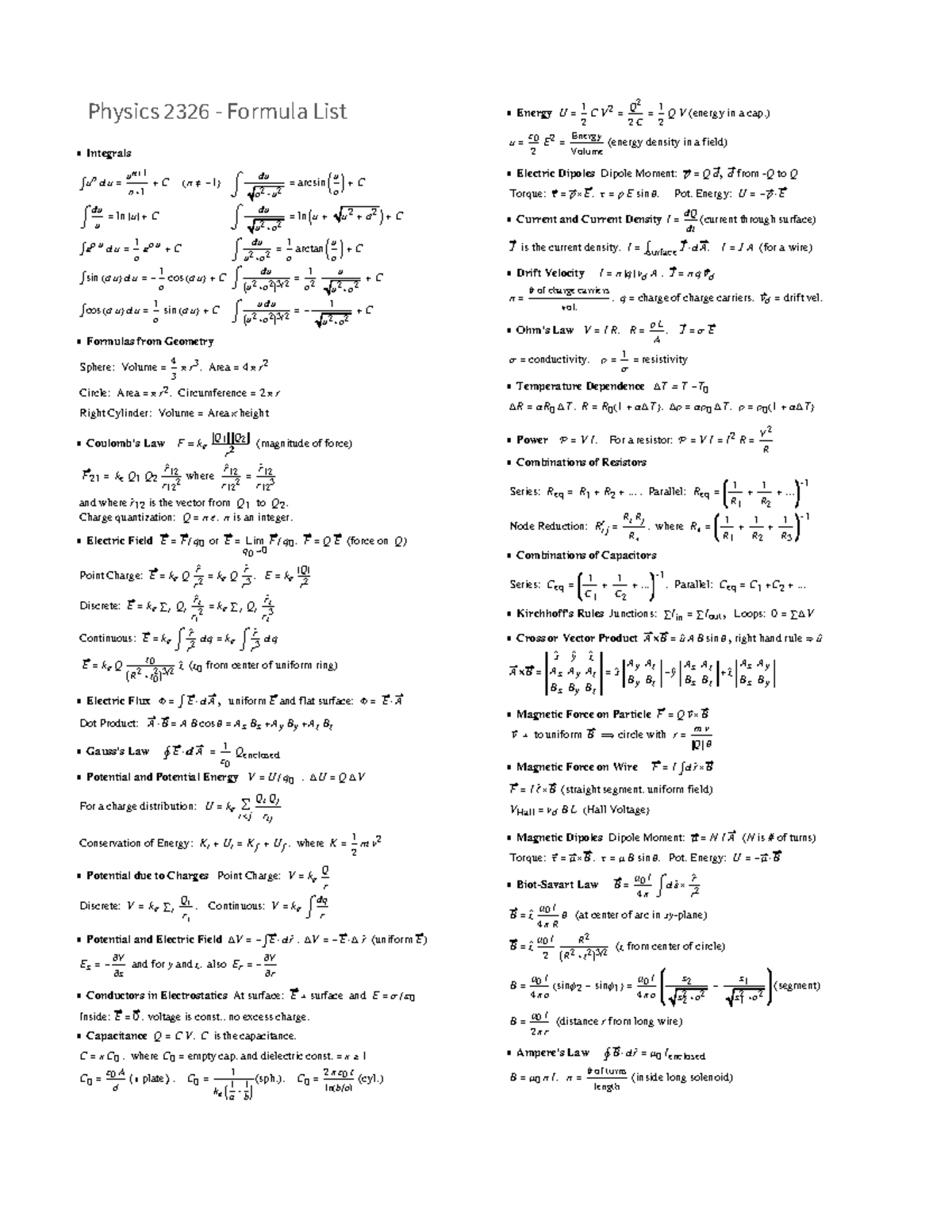 2326 formulas - formula chart - Physics 2326 - Formula List ! Integrals ...
