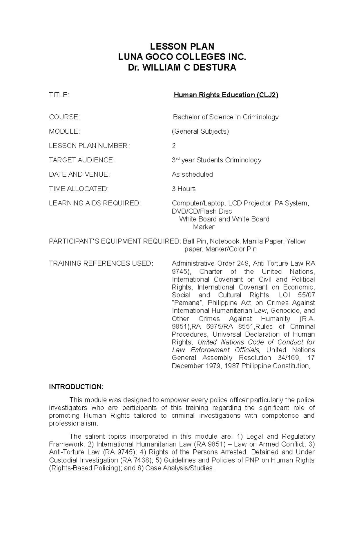 Human Rights Education LGC 3RD YEAR 2022 - LESSON PLAN LUNA GOCO ...