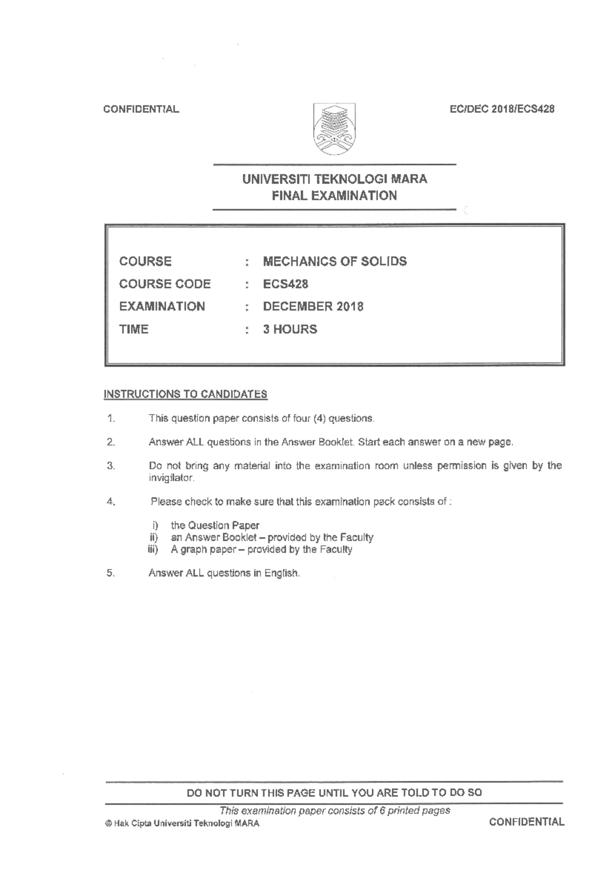 18DEC ECS428 - Solid mechanic Past year question and answer for 2018 ...
