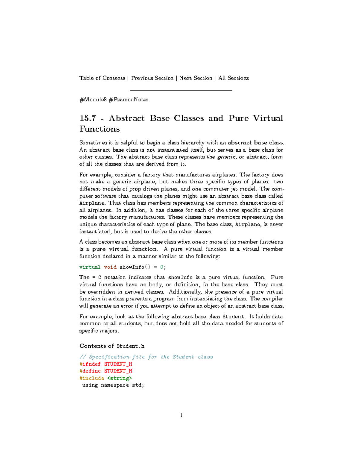 15.7 - Abstract Base Classes and Pure Virtual Functions - Table of Contents | Previous Section ...