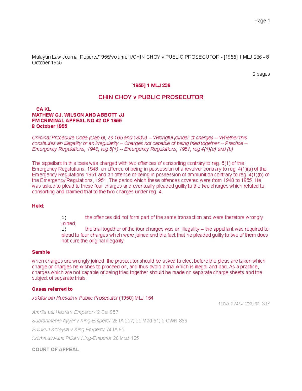 Chin choy v public prosecutor - Page 1 Malayan Law Journal Reports/1955 ...