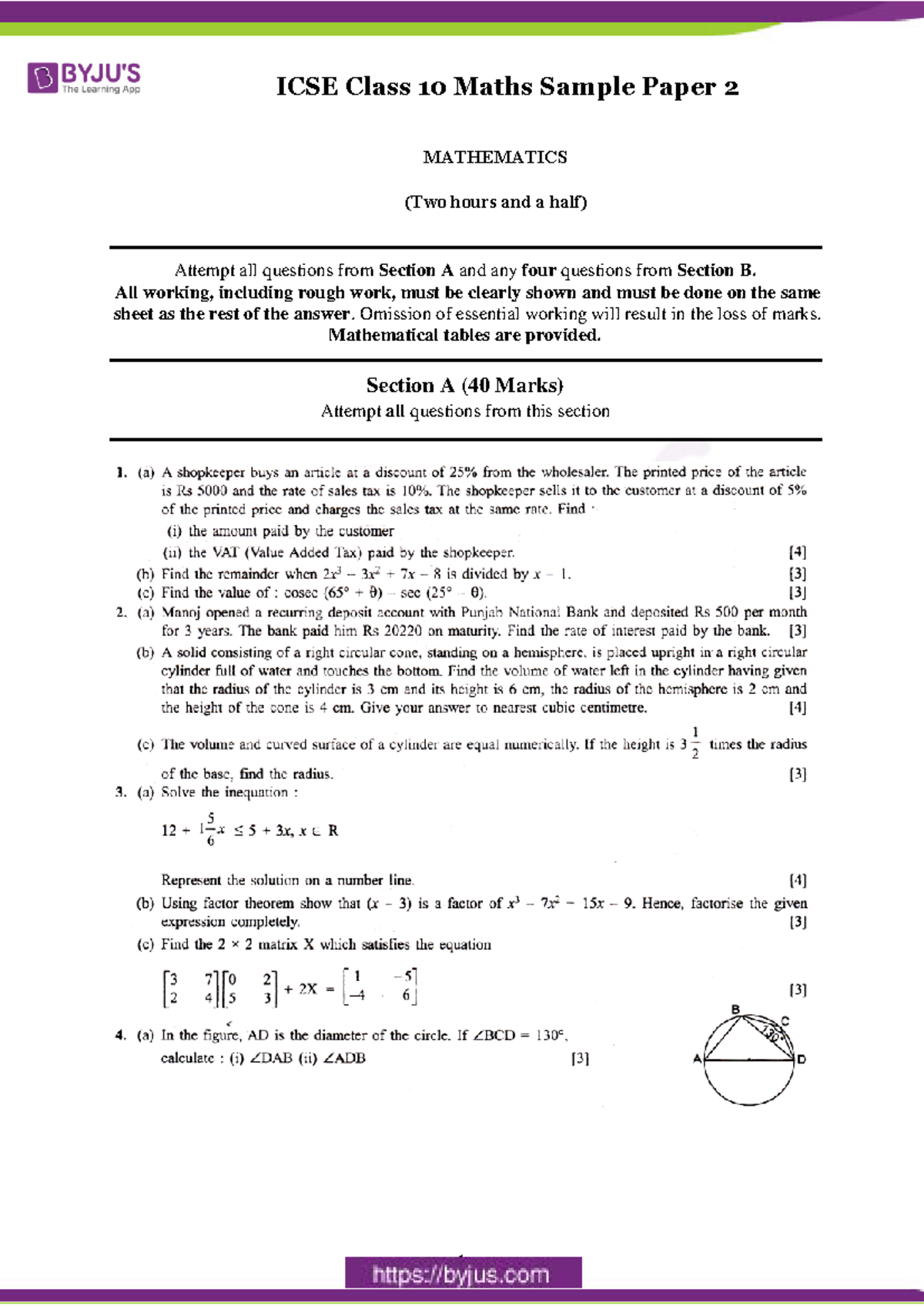 ICSE Class 10 Maths Sample Paper 2 - Attempt all questions from Section ...