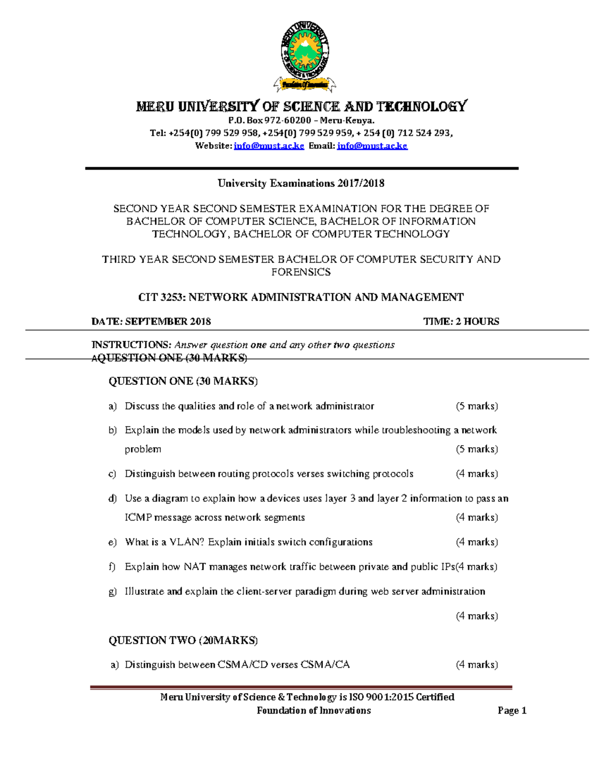 CIT 3253 Network Administration and management - Meru University of Science & Technology is ISO ...