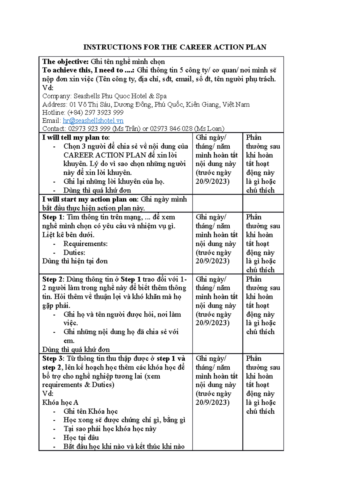 Instructions for the career action plan - INSTRUCTIONS FOR THE CAREER ...