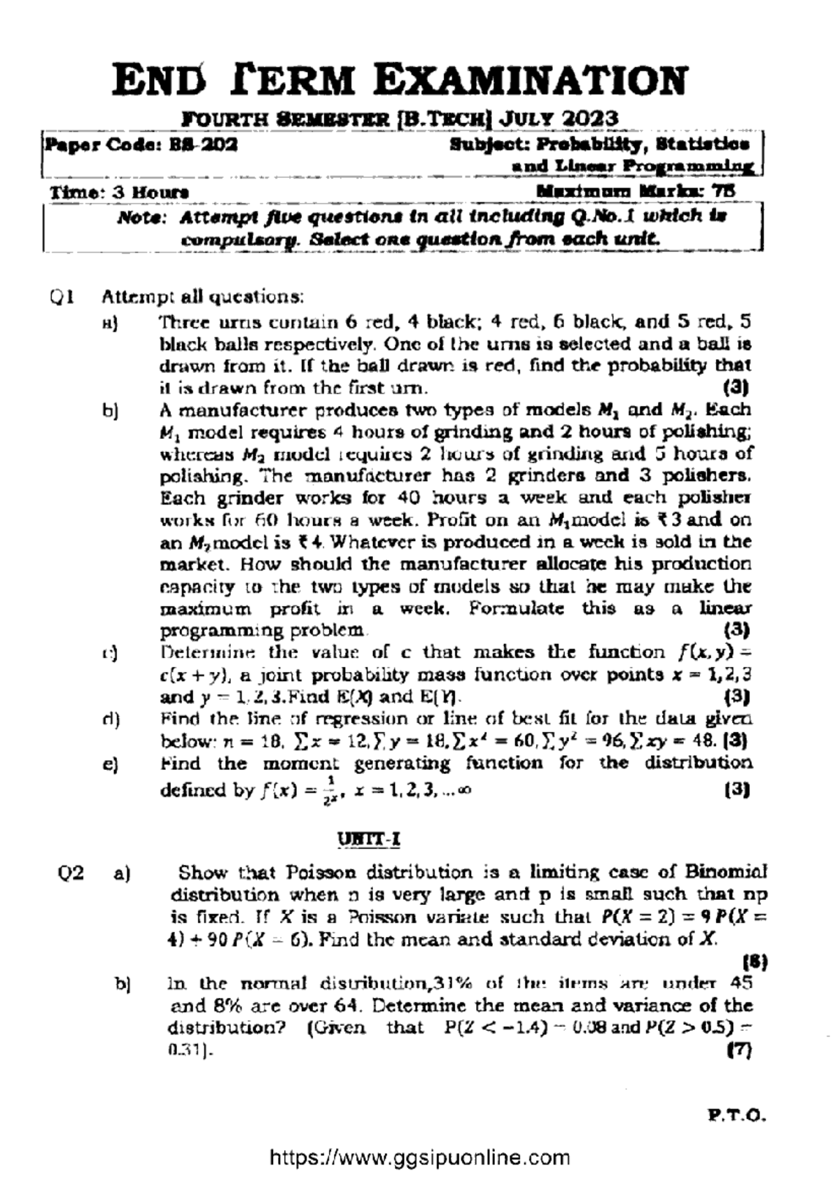 Btech bs 4 sem probability statistics and linear programming bs 202 jul ...