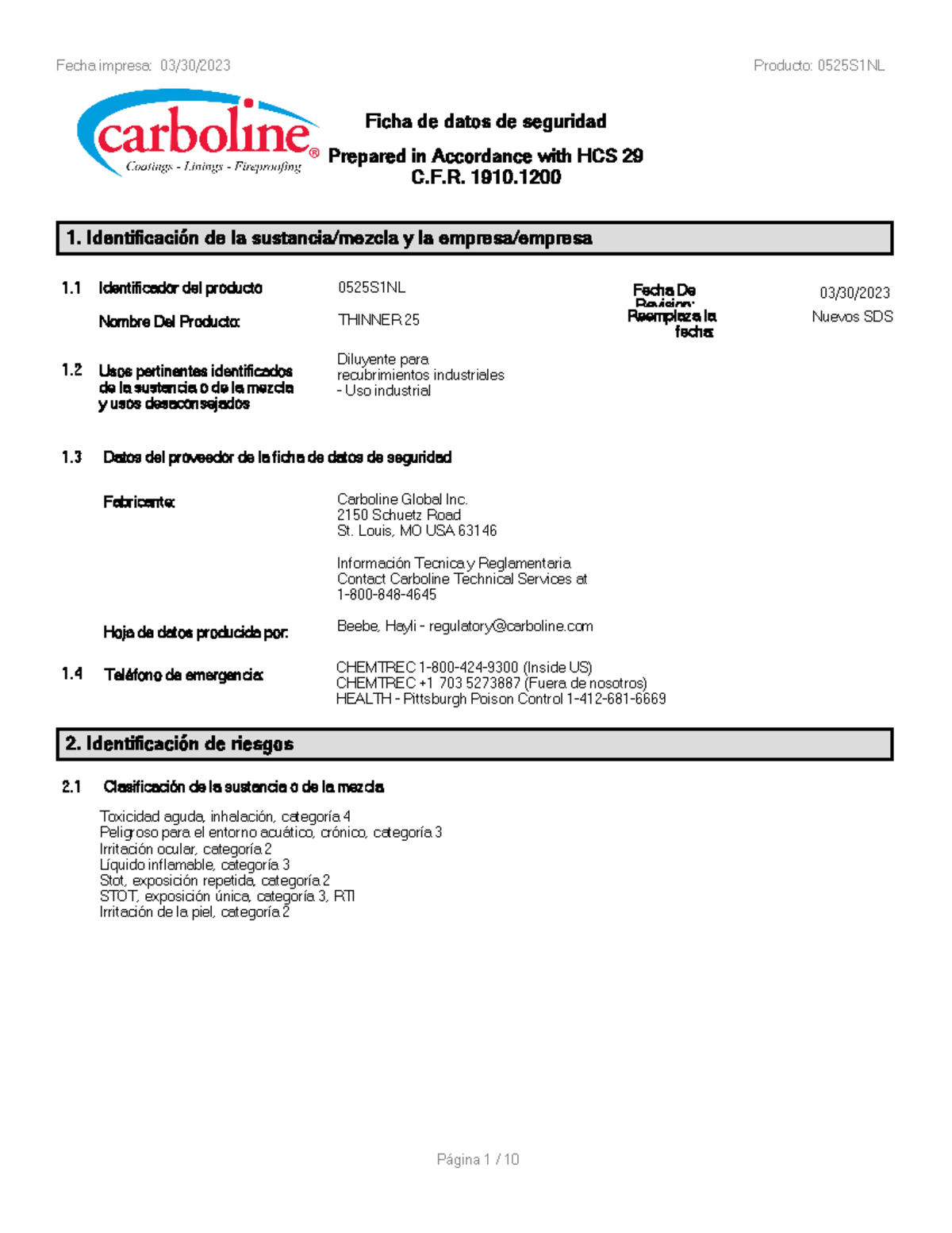 FICHA DE SEGURIDAD Thinner 25 GHS SDS - Spanish 3-30-2023 - Ficha de ...