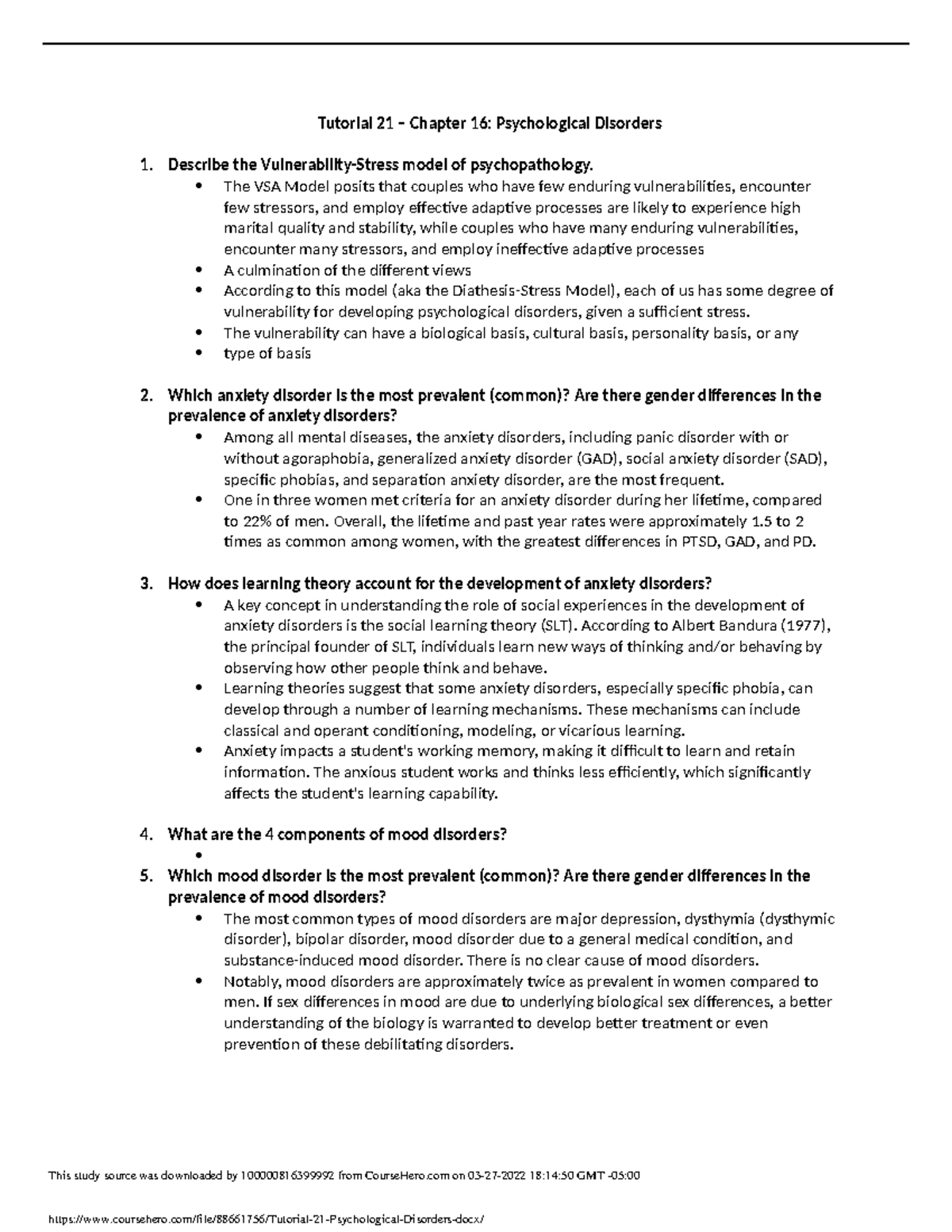 Tutorial 21 Psychological Disorders - Tutorial 21 – Chapter 16 ...