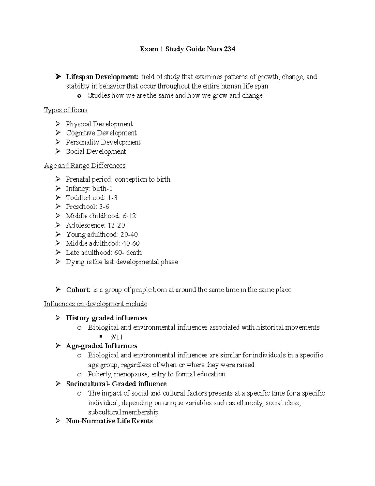 Nurs234 Exam 1 Study guide - Exam 1 Study Guide Nurs 234 Lifespan Development: field of study ...