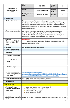 A Detailed Lesson Plan in English 5a's - Delfin I. Objectives EN9LT ...