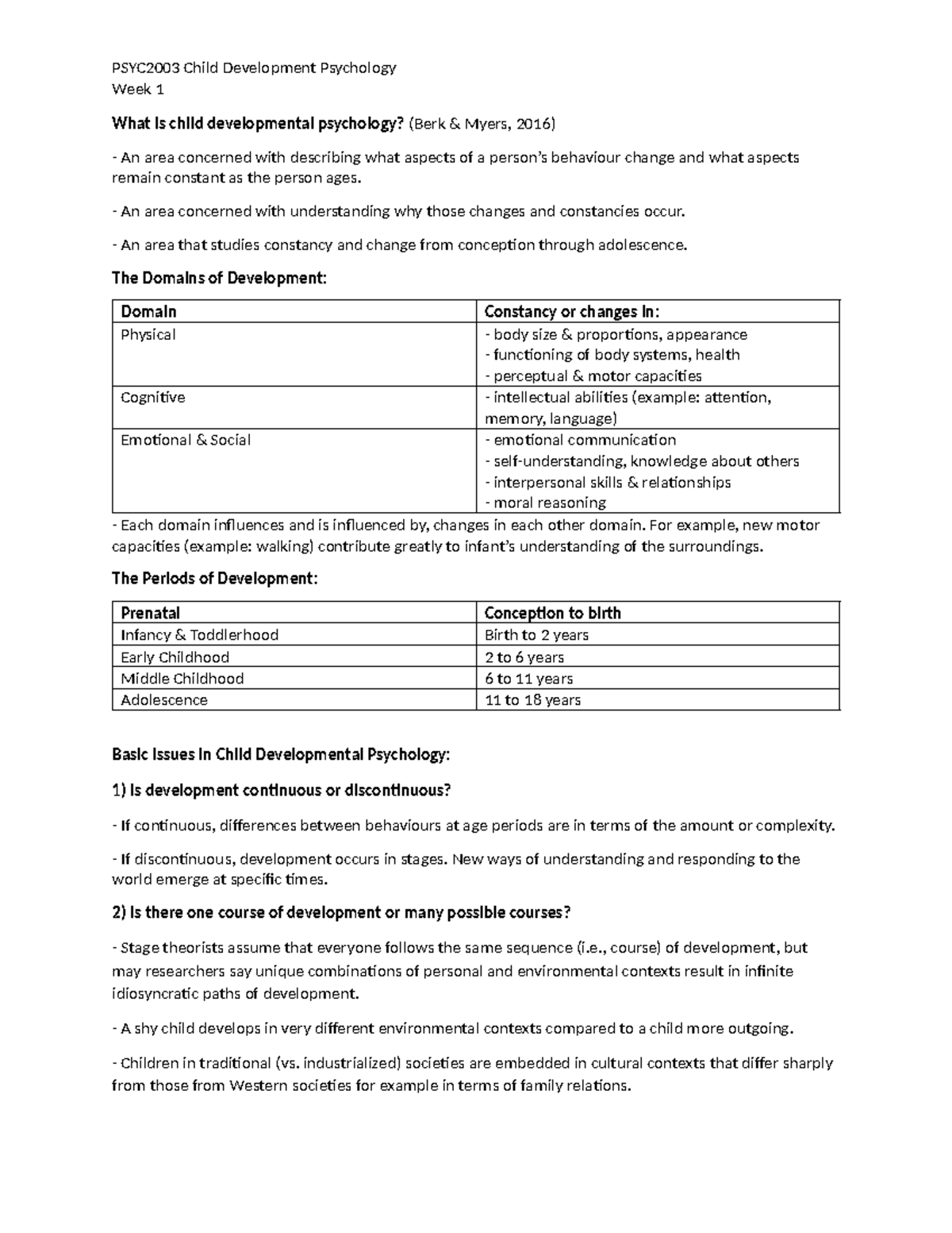 Lecture 1 notes - Week 1 What is child developmental psychology? (Berk ...