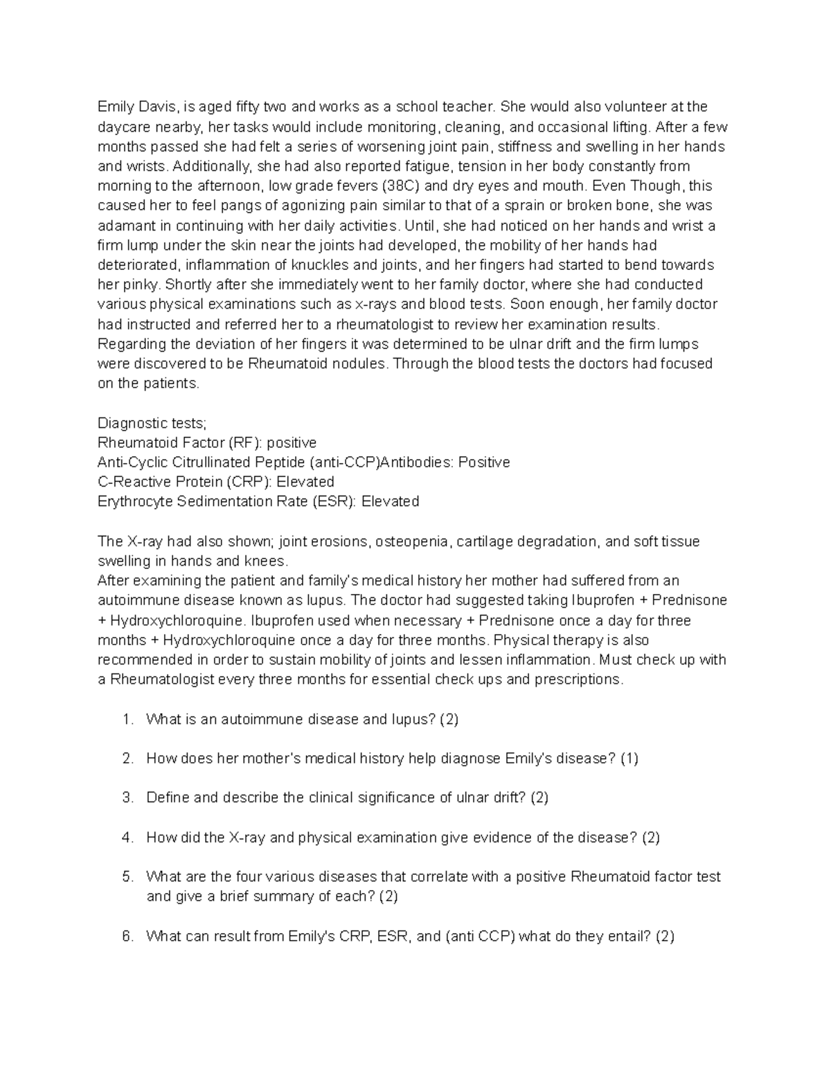 Case study - Emily Davis, is aged fifty two and works as a school ...