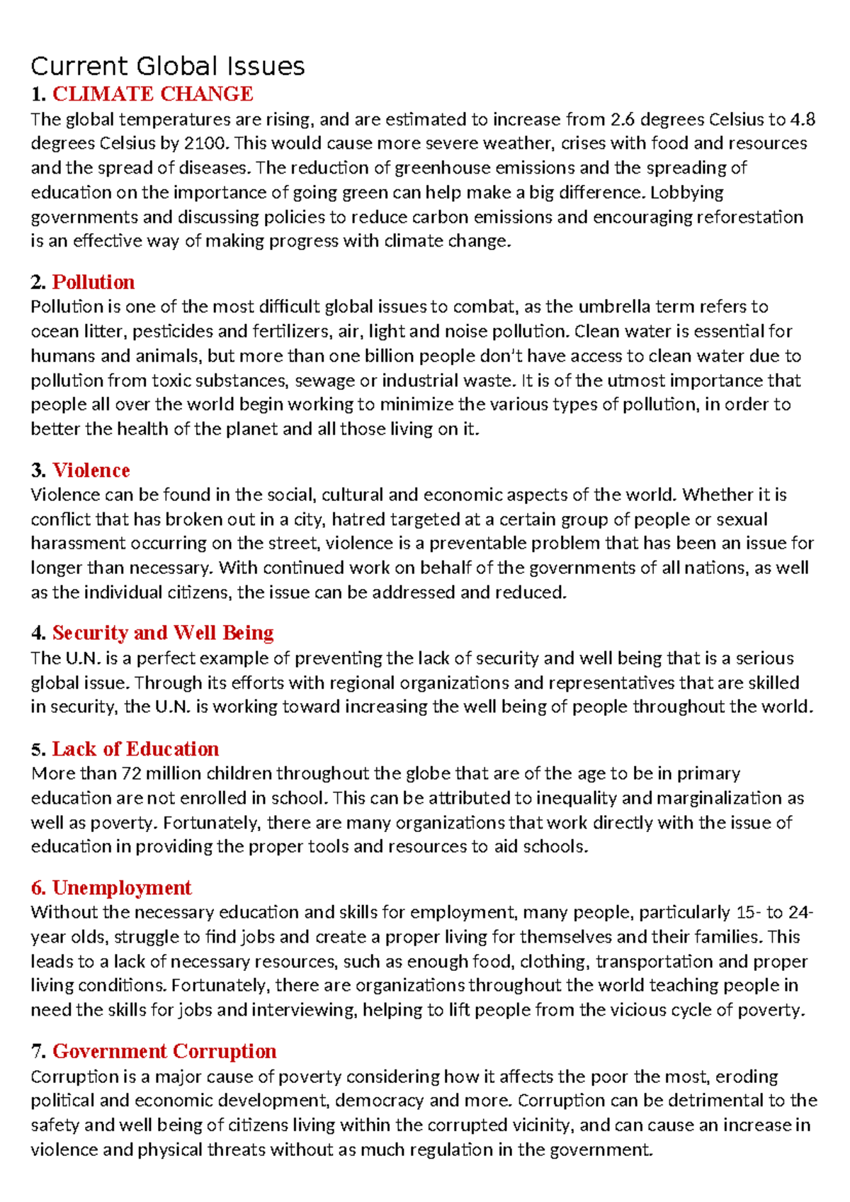 Current Global Issues - CLIMATE CHANGE The global temperatures are ...