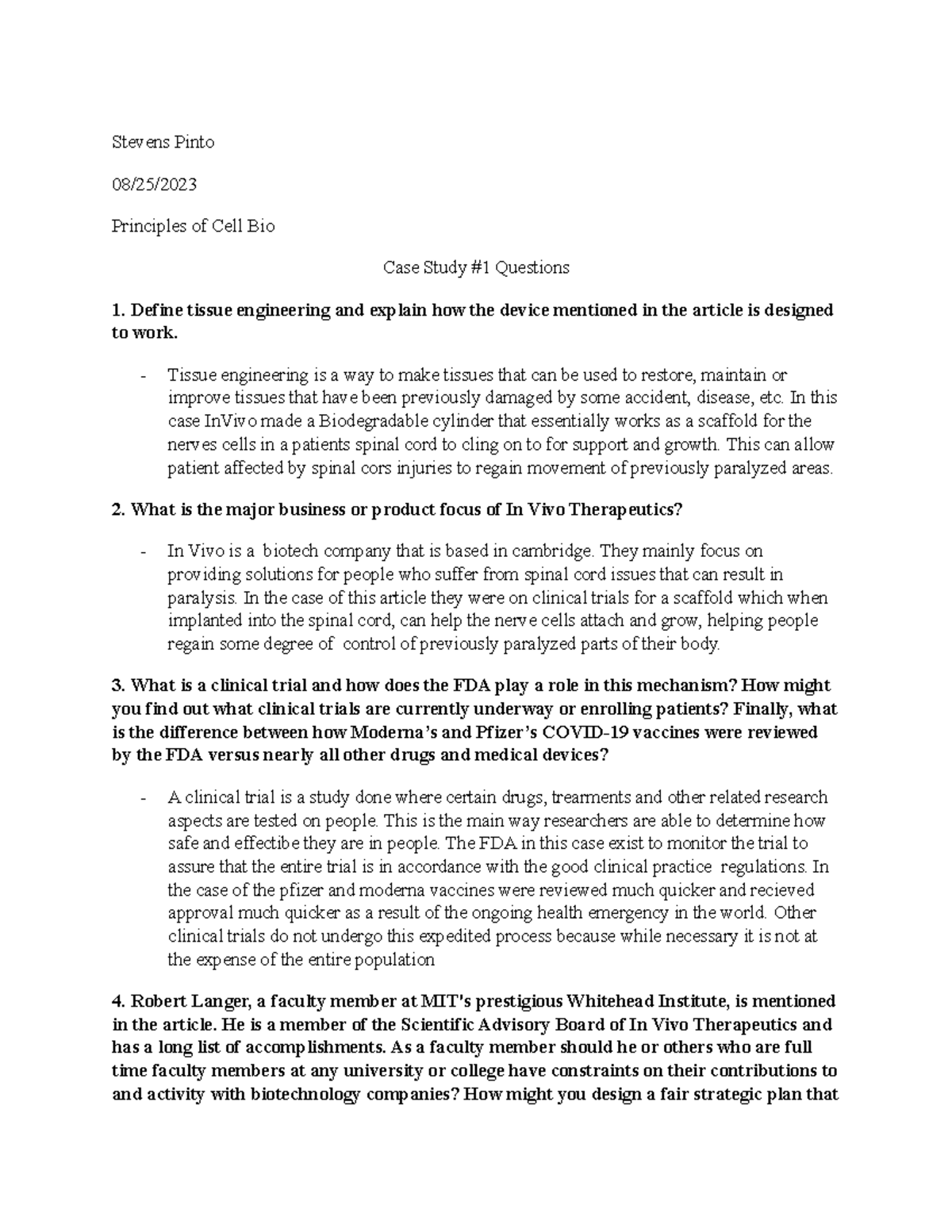 Case Study #1 - Stevens Pinto 08/25/ Principles of Cell Bio Case Study ...