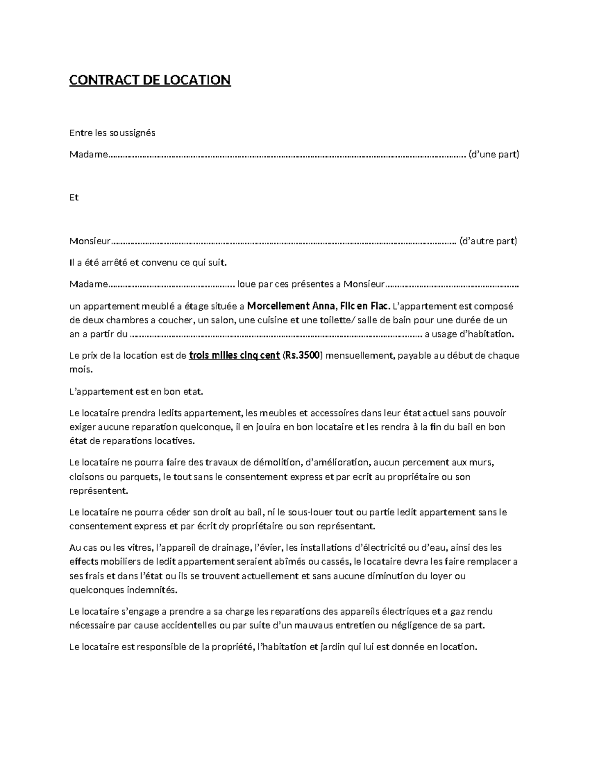 Contract De Location Flat - CONTRACT DE LOCATION Entre les soussignés ...