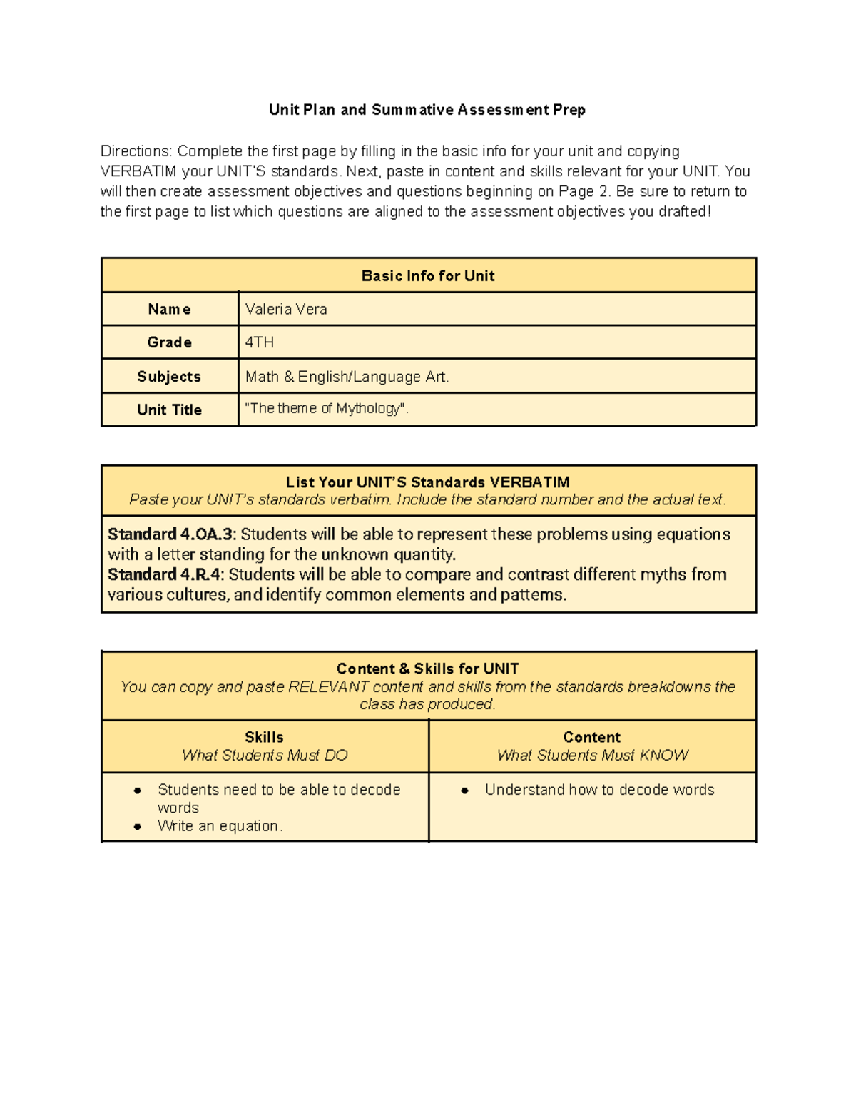 Copy of Unit Plan and Summative Assessment Prep - Unit Plan and ...