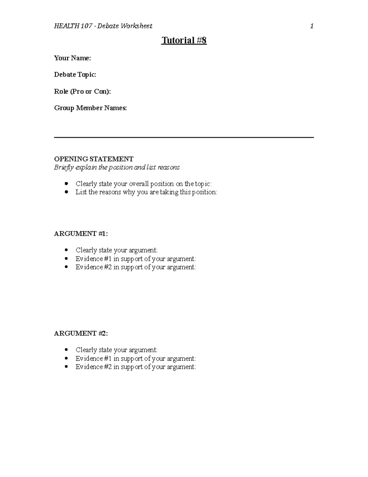Tutorial 8 - Class Worksheet - Pro or Con - HEALTH 107 - Debate ...