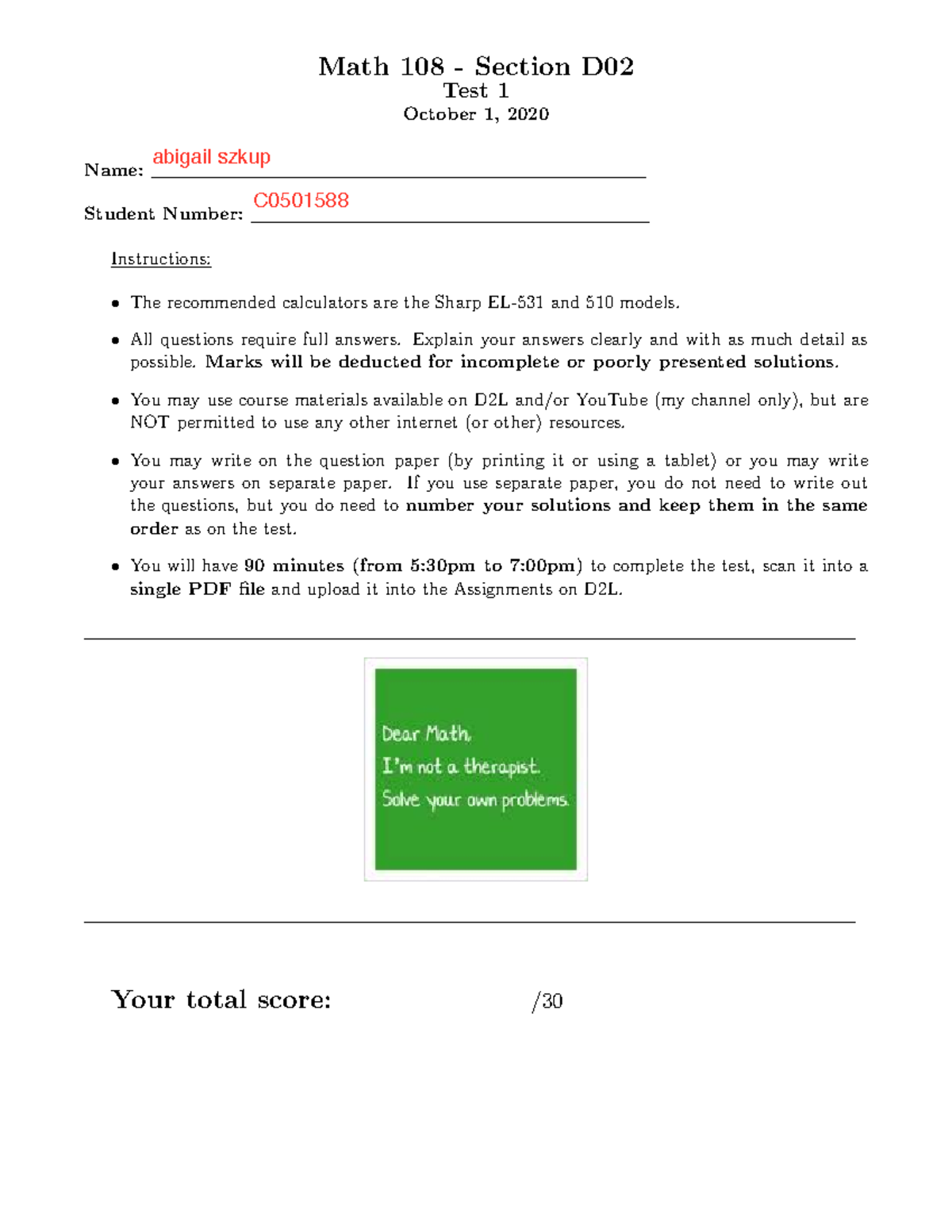 108Test1 - example - Math 108 - Section D Test 1 October 1, 2020 Name ...